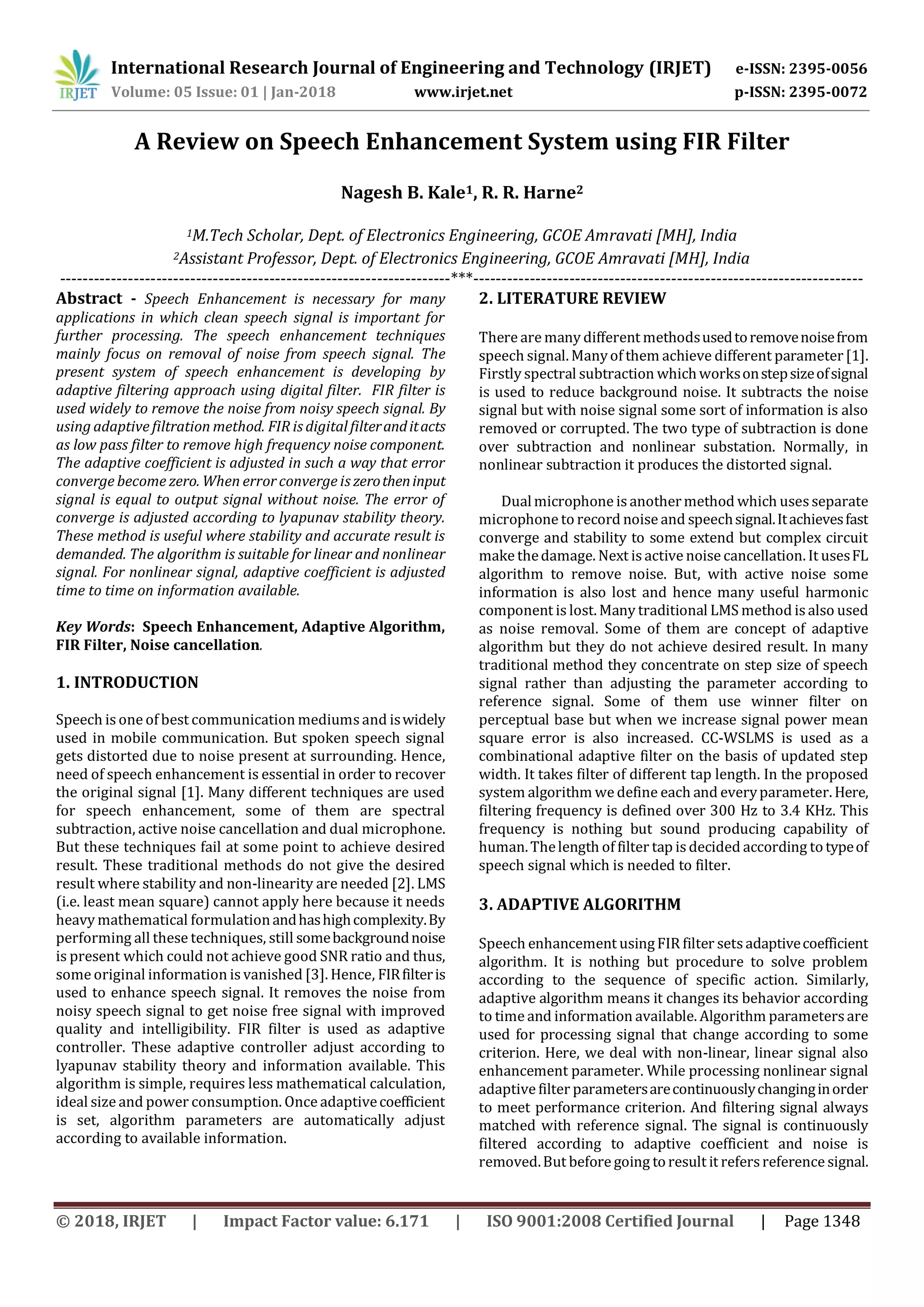 A Review on Speech Enhancement System using FIR Filter | PDF | Digital Audio | Computer Software ...