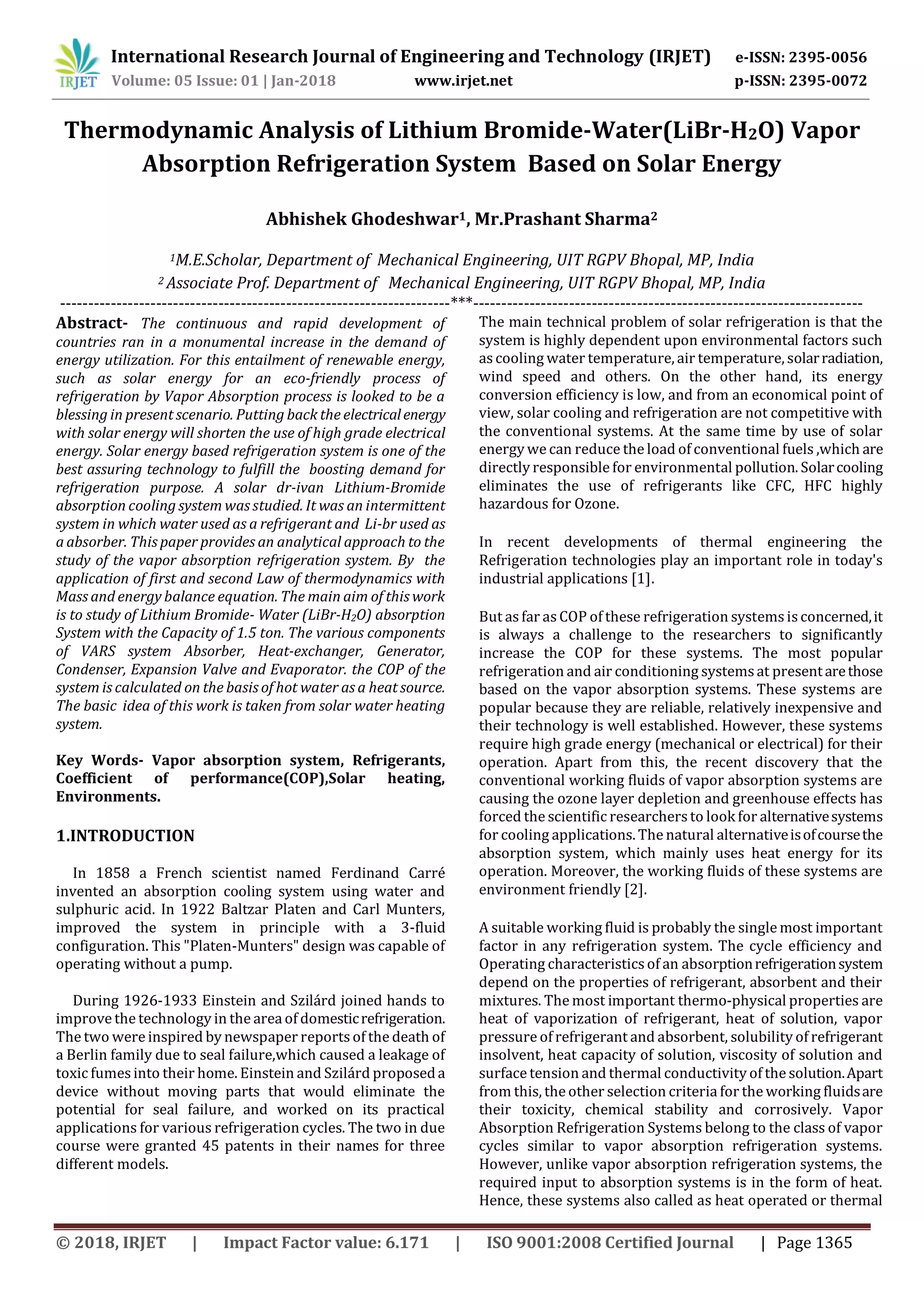 Thermodynamic Analysis of Lithium Bromide-Water(LiBr-H­2O) Vapor ...