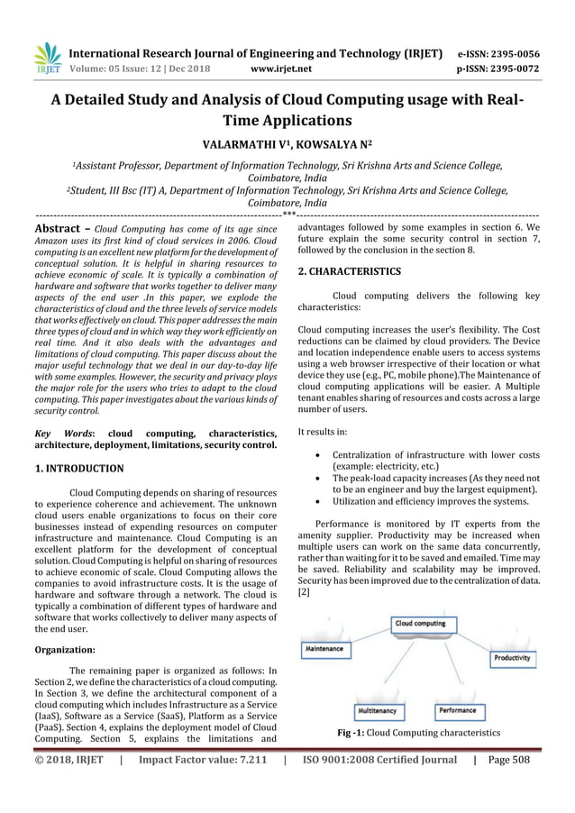 IRJET- A Detailed Study and Analysis of Cloud Computing Usage with Real-Time Applications | PDF