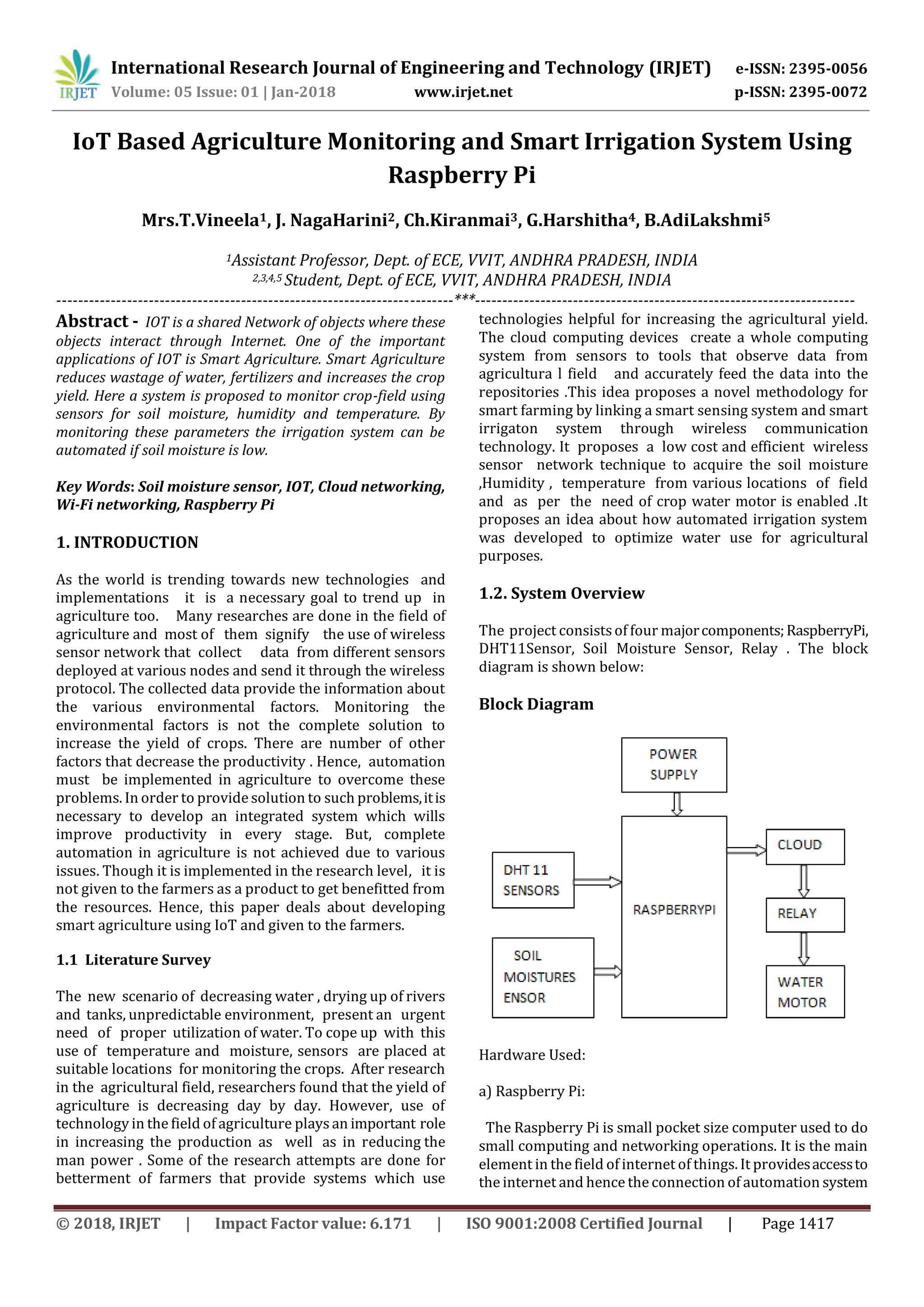 IoT Based Agriculture Monitoring and Smart Irrigation System using Raspberry Pi | PDF