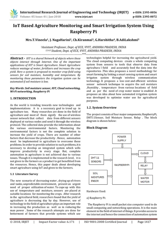 IoT Based Agriculture Monitoring and Smart Irrigation System using Raspberry Pi | PDF