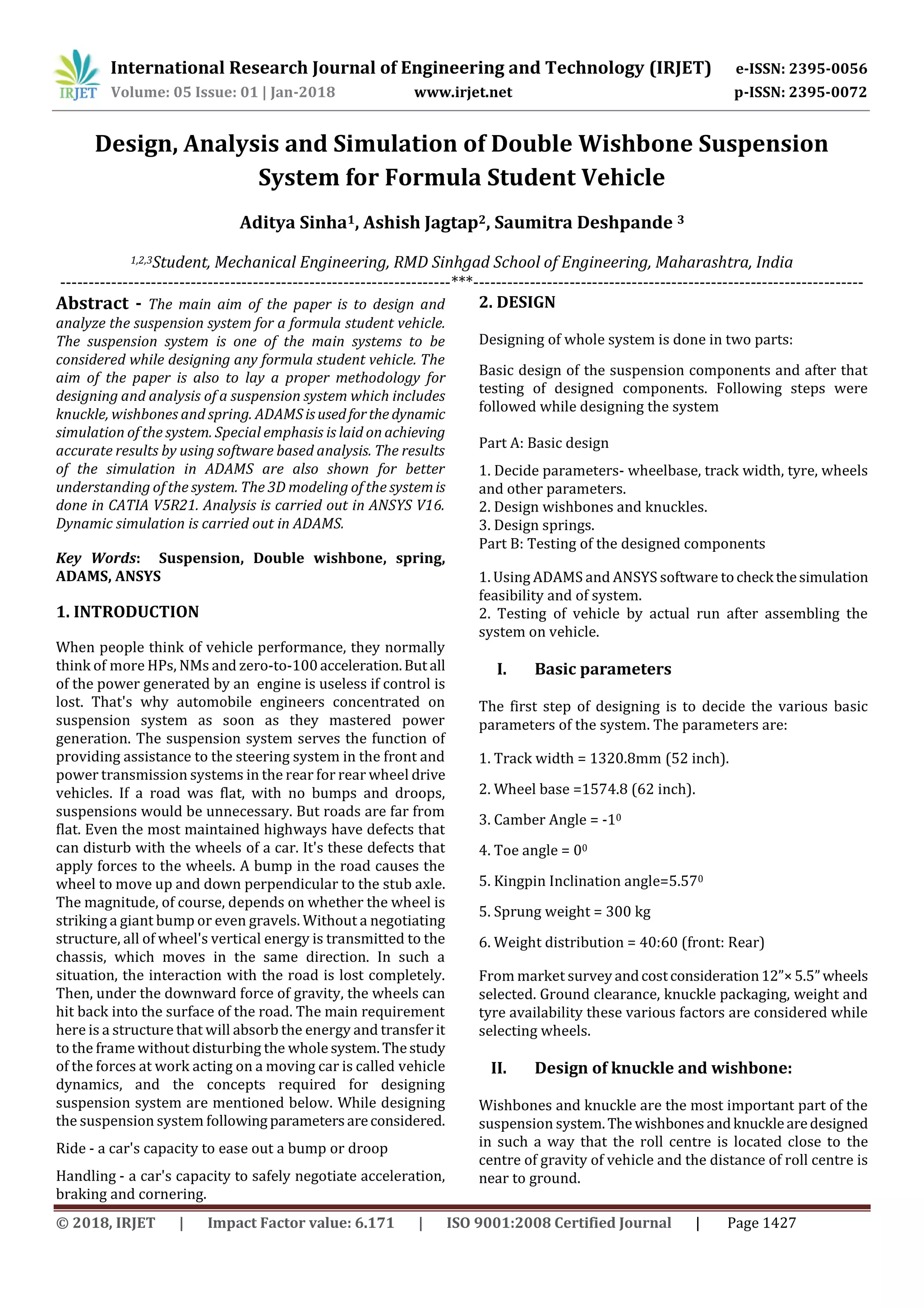 Design, Analysis and Simulation of Double Wishbone Suspension System ...