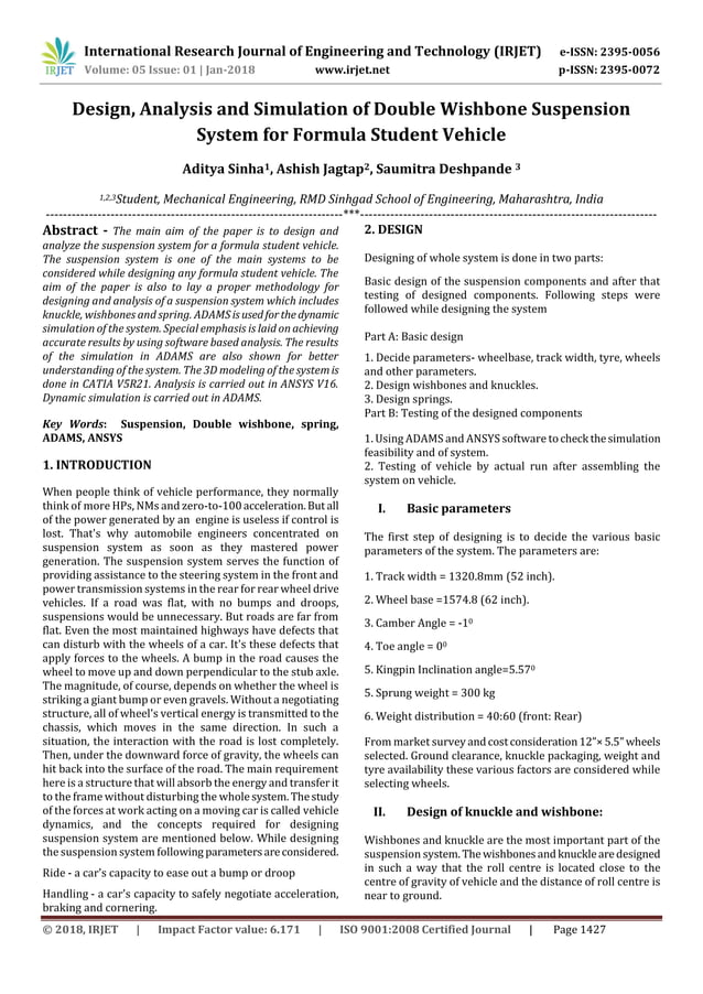 Design, Analysis and Simulation of Double Wishbone Suspension System for Formula Student Vehicle ...