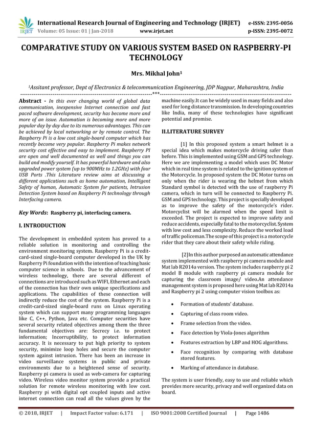 Comparative Study on Various System Based on Raspberry-Pi Technology | PDF