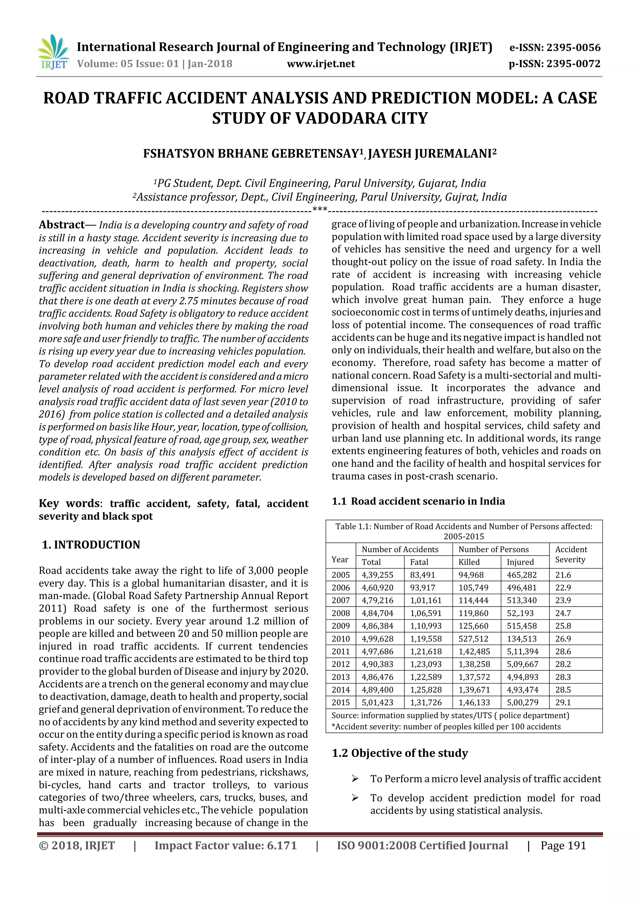 IRJET-Road Traffic Accident Analysis and Prediction Model: A Case Study of Vadodara City | PDF ...