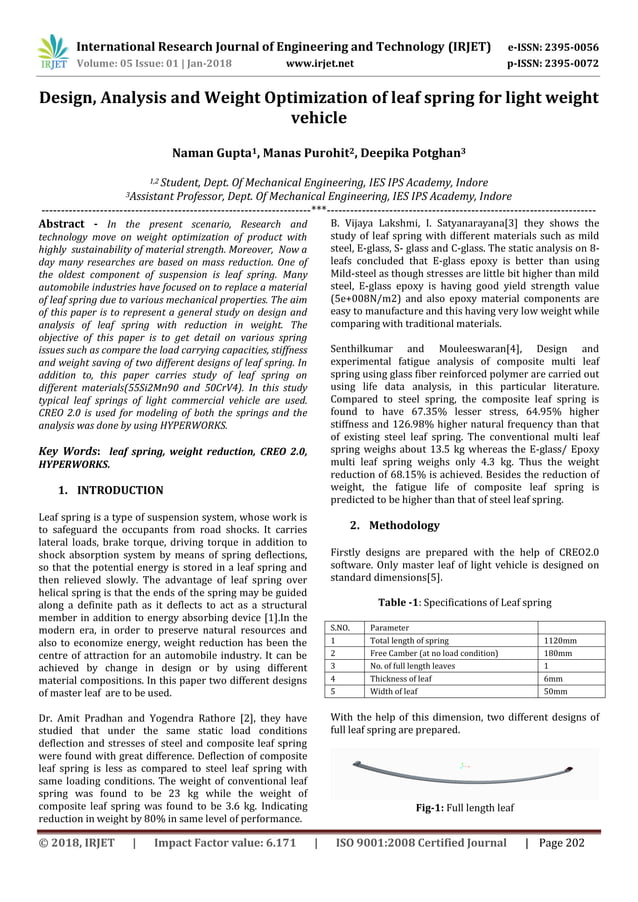 IRJET-Design, Analysis and Weight Optimization of Leaf Spring for Light ...