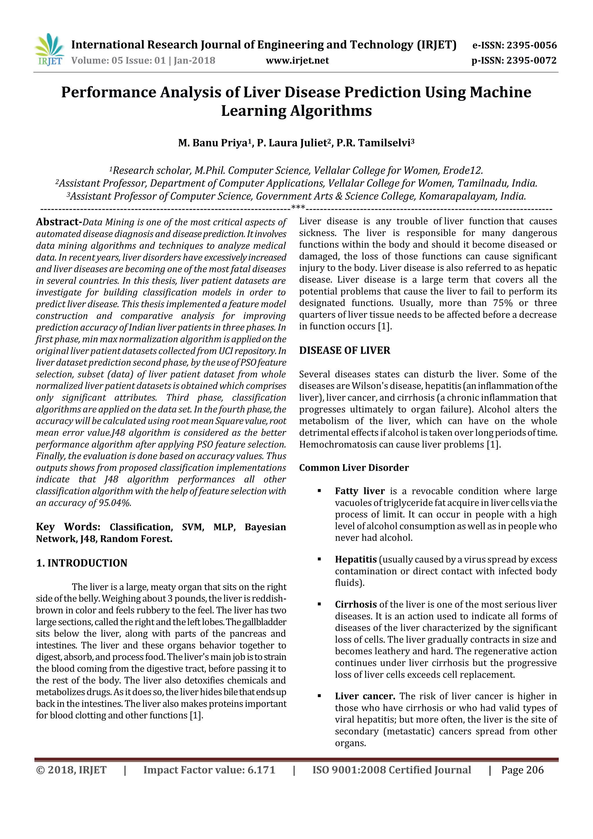 IRJET-Performance Analysis of Liver Disease Prediction using Machine Learning Algorithms | PDF