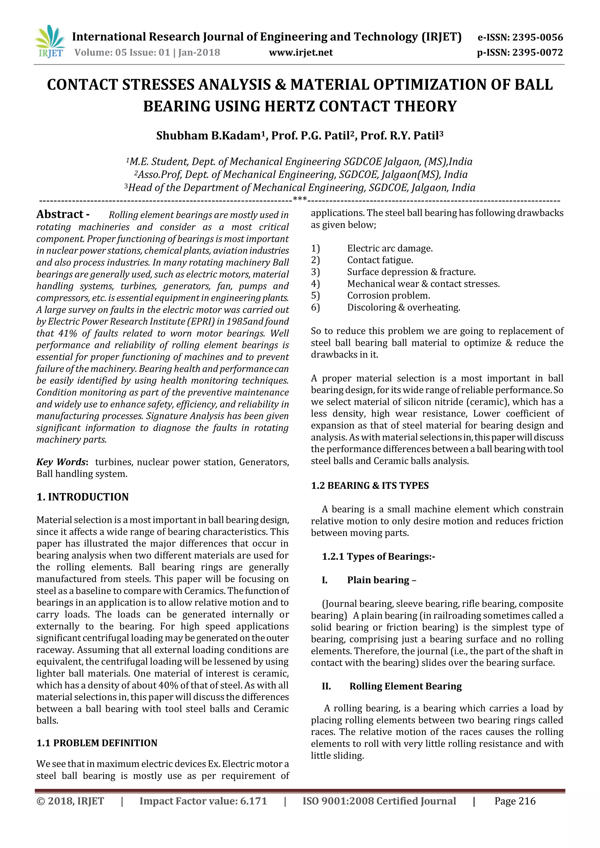 IRJET-Contact Stresses Analysis & Material Optimization of Ball Bearing using Hertz Contact ...