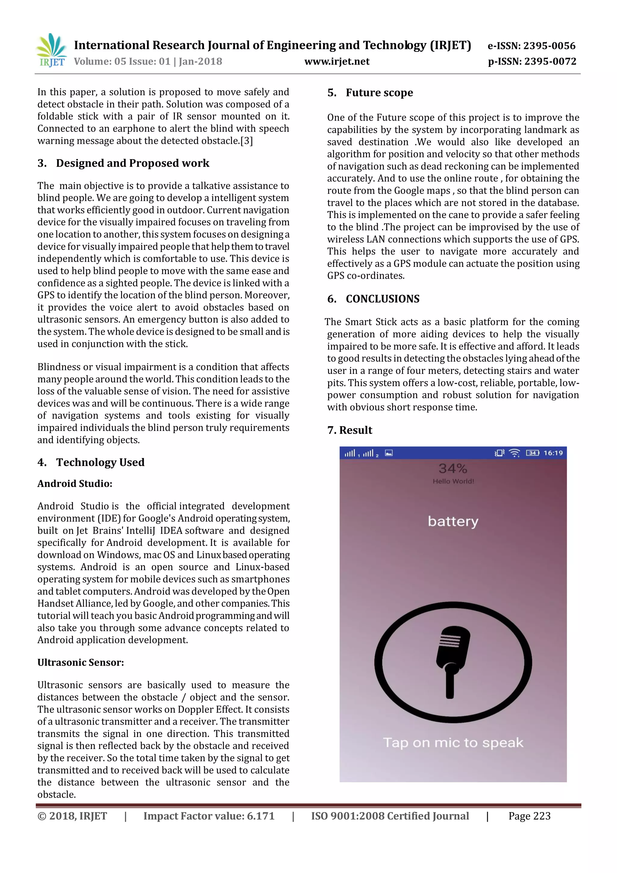 IRJET-Voice Assisted Blind Stick using Ultrasonic Sensor | PDF
