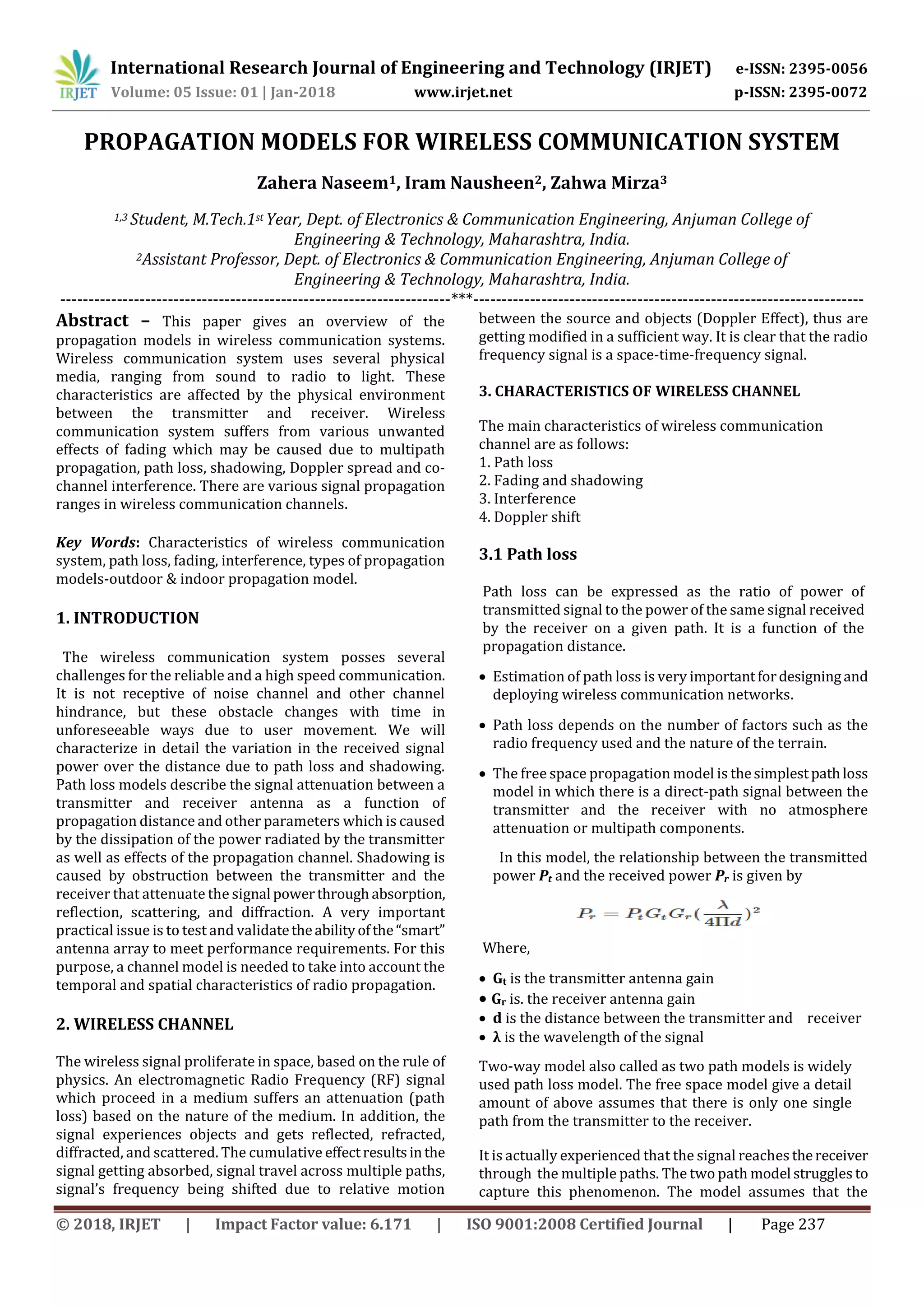 IRJET-Propagation Models for Wireless Communication System | PDF