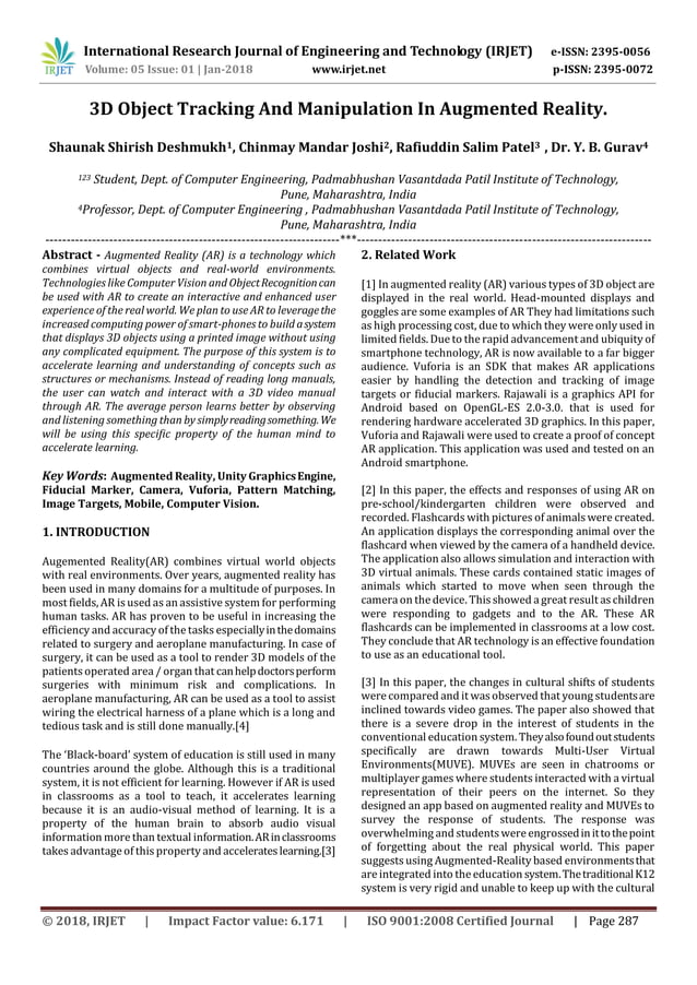 Irjet 3d Object Tracking And Manipulation In Augmented Reality Pdf