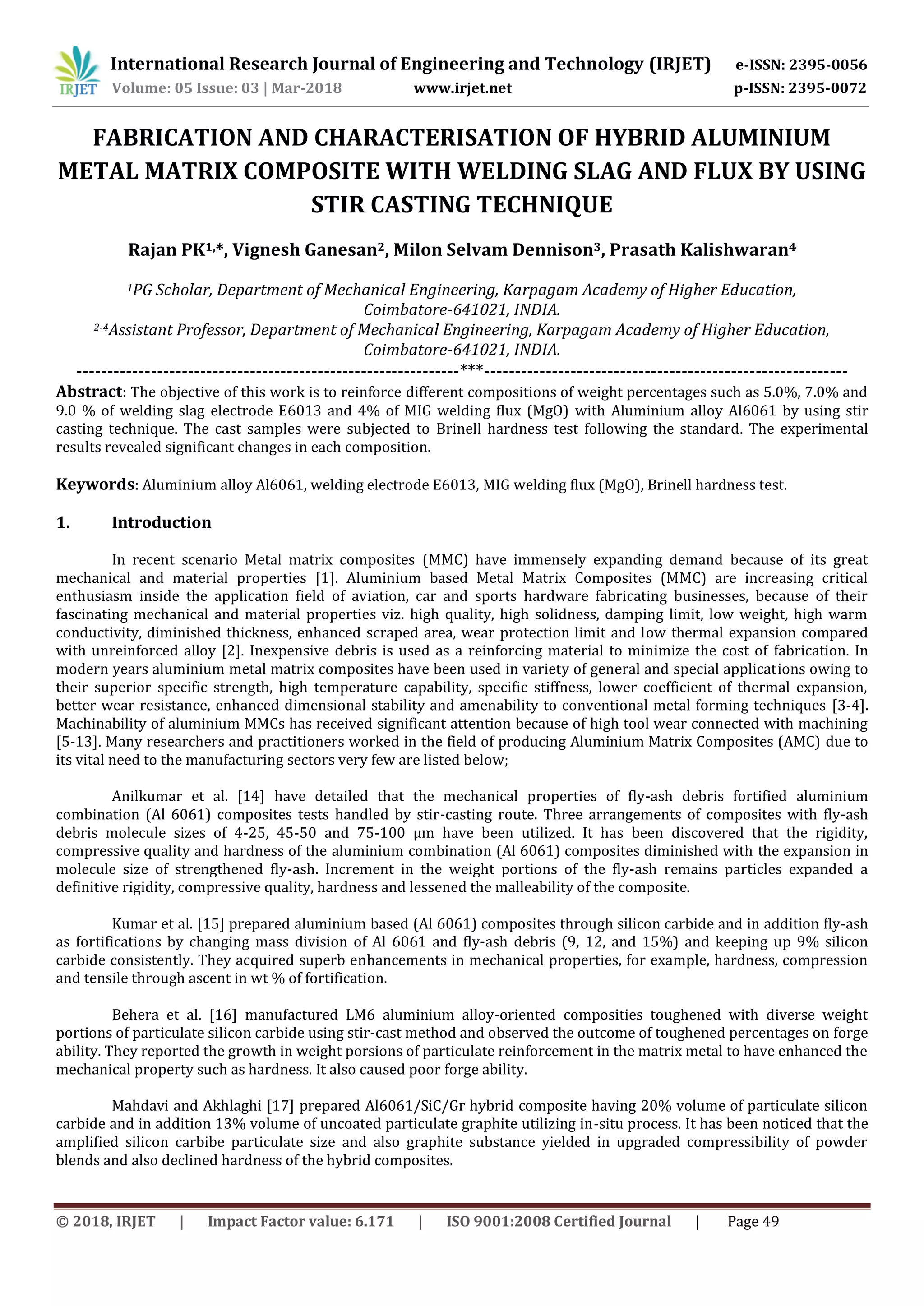 Fabrication and Characterisation of Hybrid Aluminium Metal Matrix Composite with Welding Slag ...