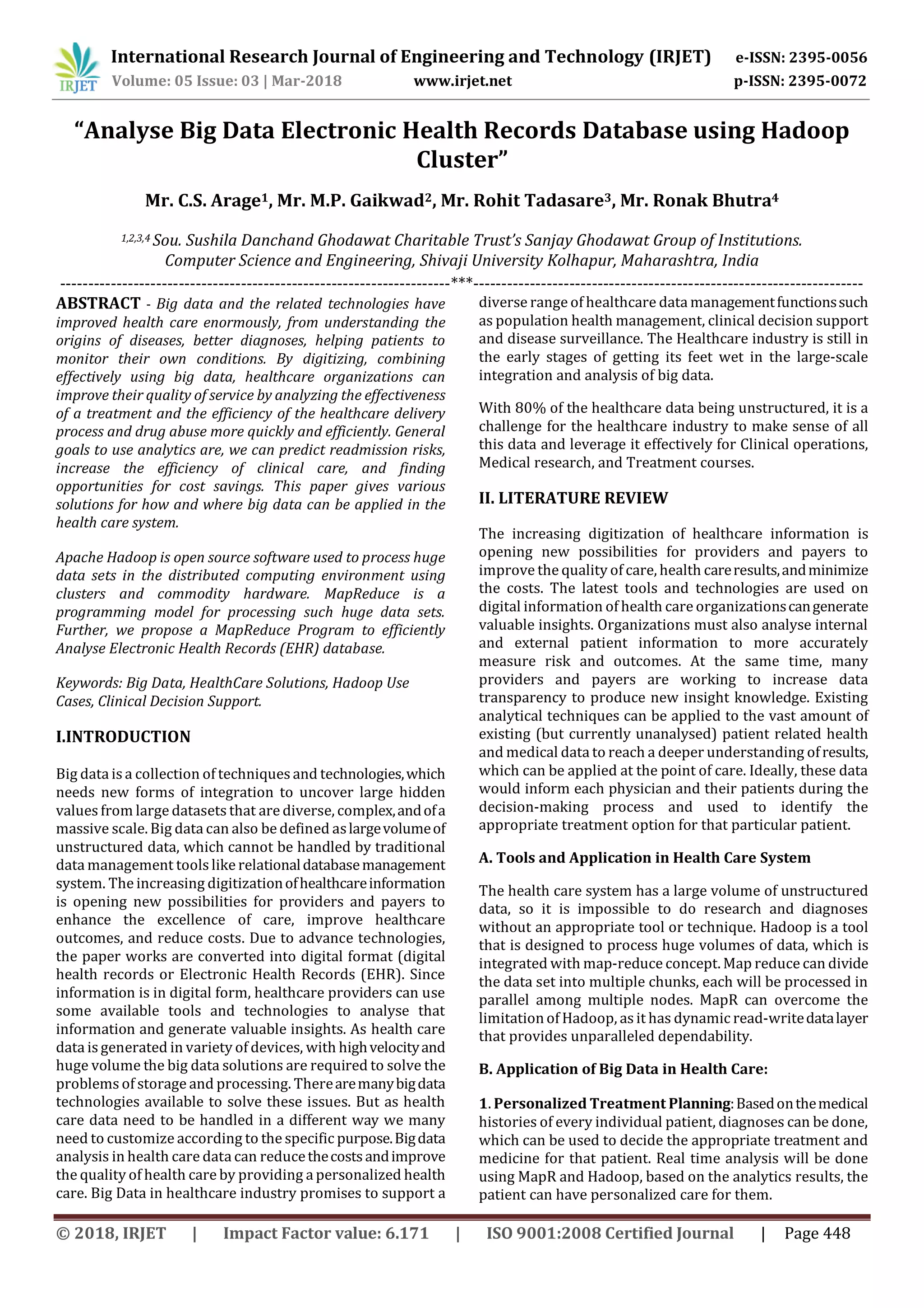 IRJET- Analyse Big Data Electronic Health Records Database using Hadoop Cluster | PDF | Cloud ...