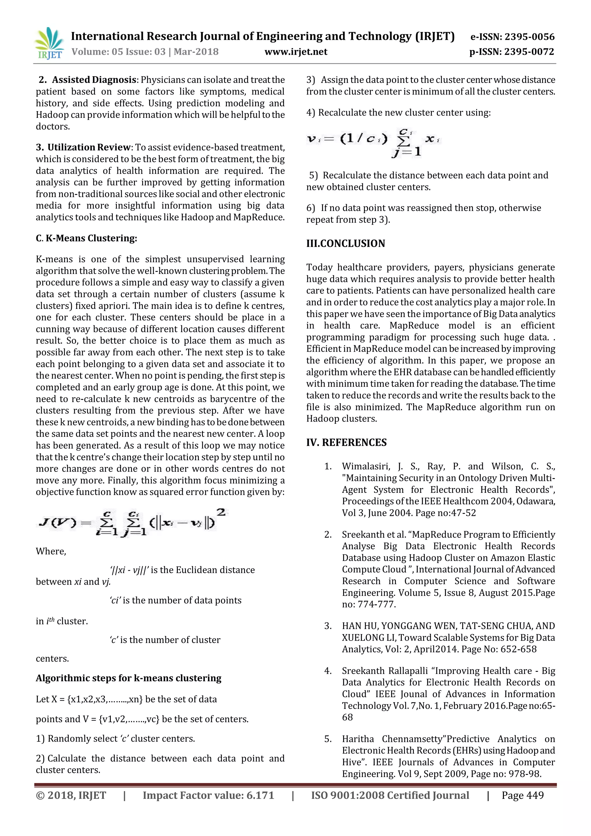 IRJET- Analyse Big Data Electronic Health Records Database using Hadoop Cluster | PDF