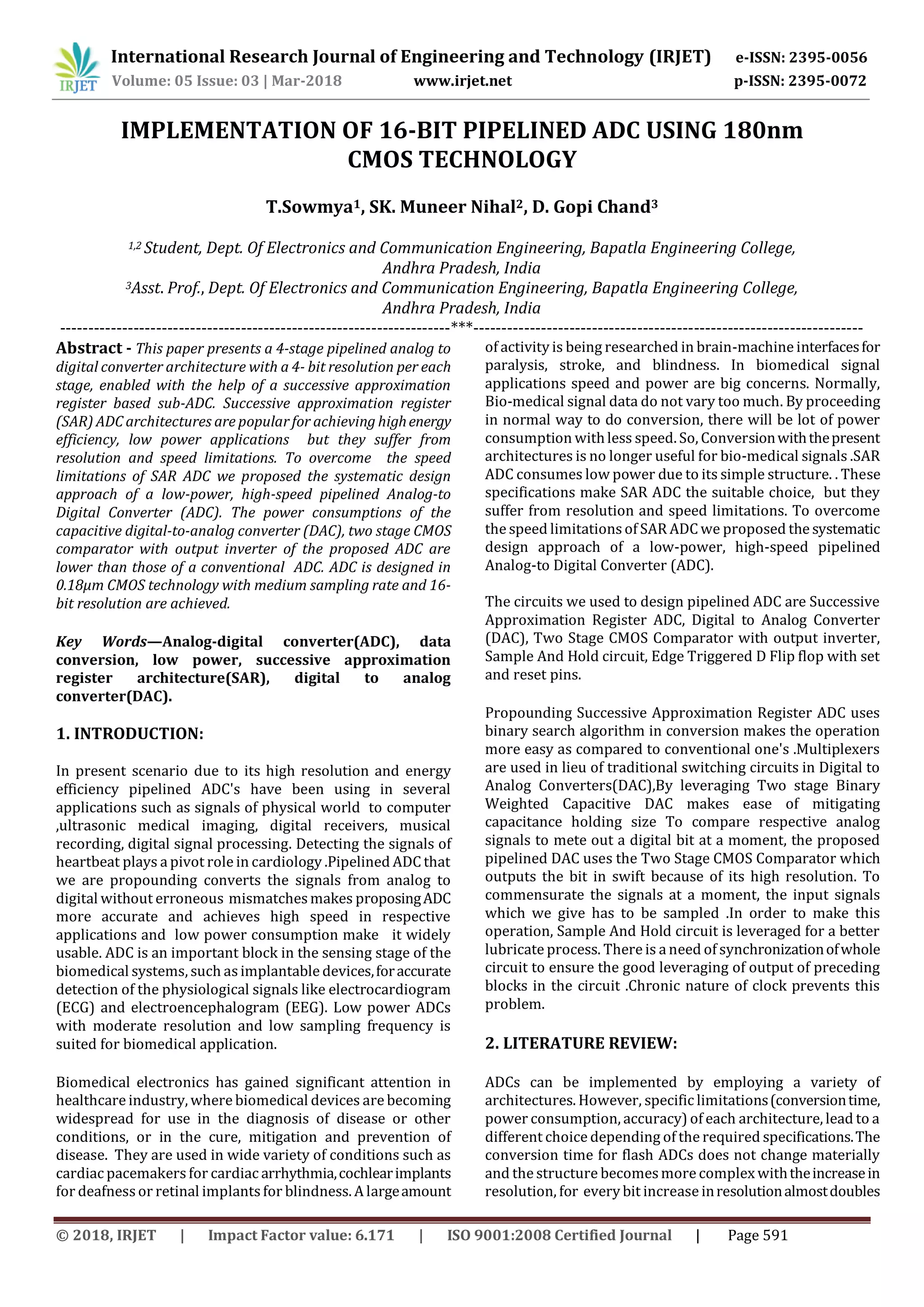 IRJET- Implementation of 16-Bit Pipelined ADC using 180nm CMOS ...