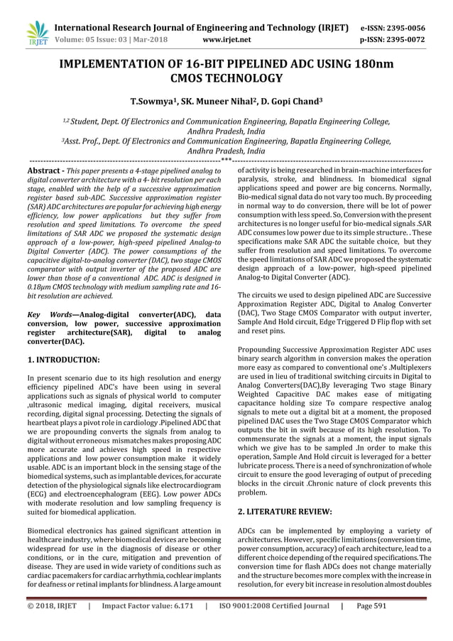 IRJET- Implementation of 16-Bit Pipelined ADC using 180nm CMOS Technology | PDF