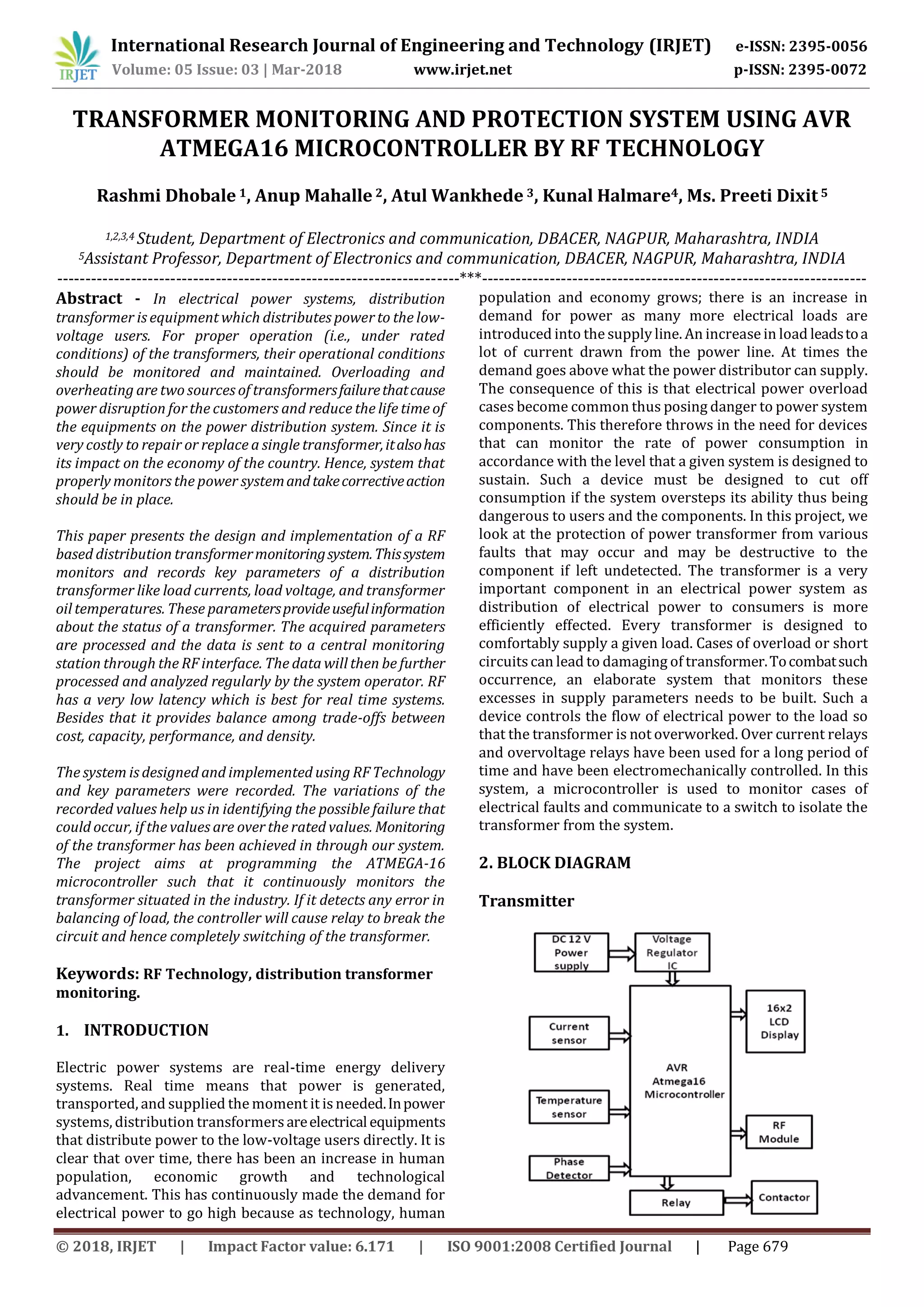 Irjet Transformer Monitoring And Protection System Using Avr Atmega16 Microcontroller By Rf