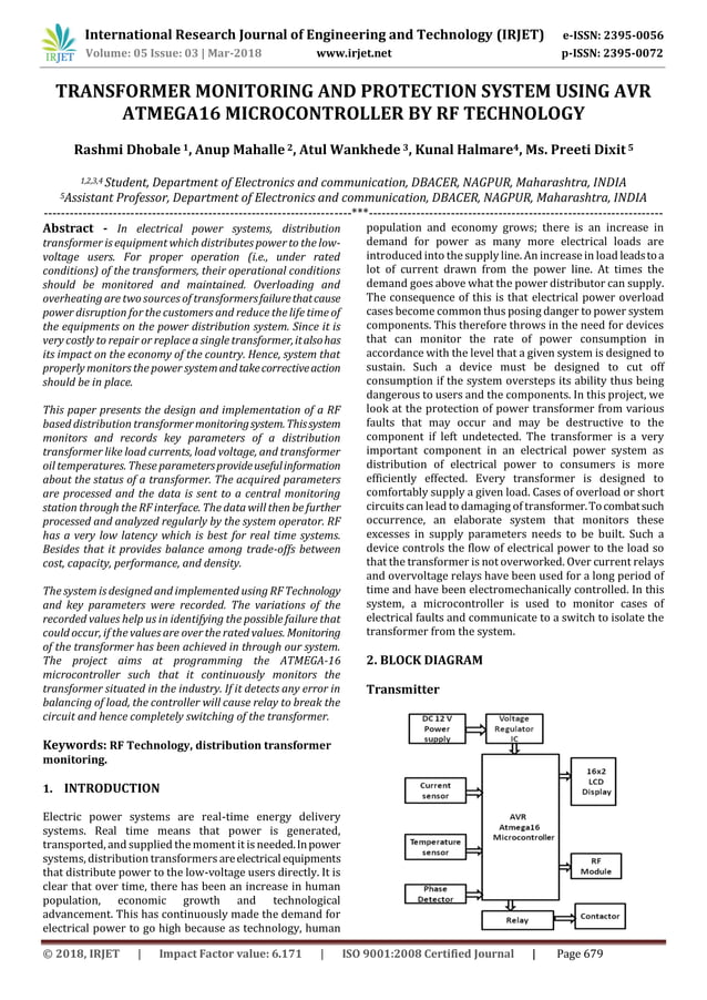 Irjet Transformer Monitoring And Protection System Using Avr Atmega16