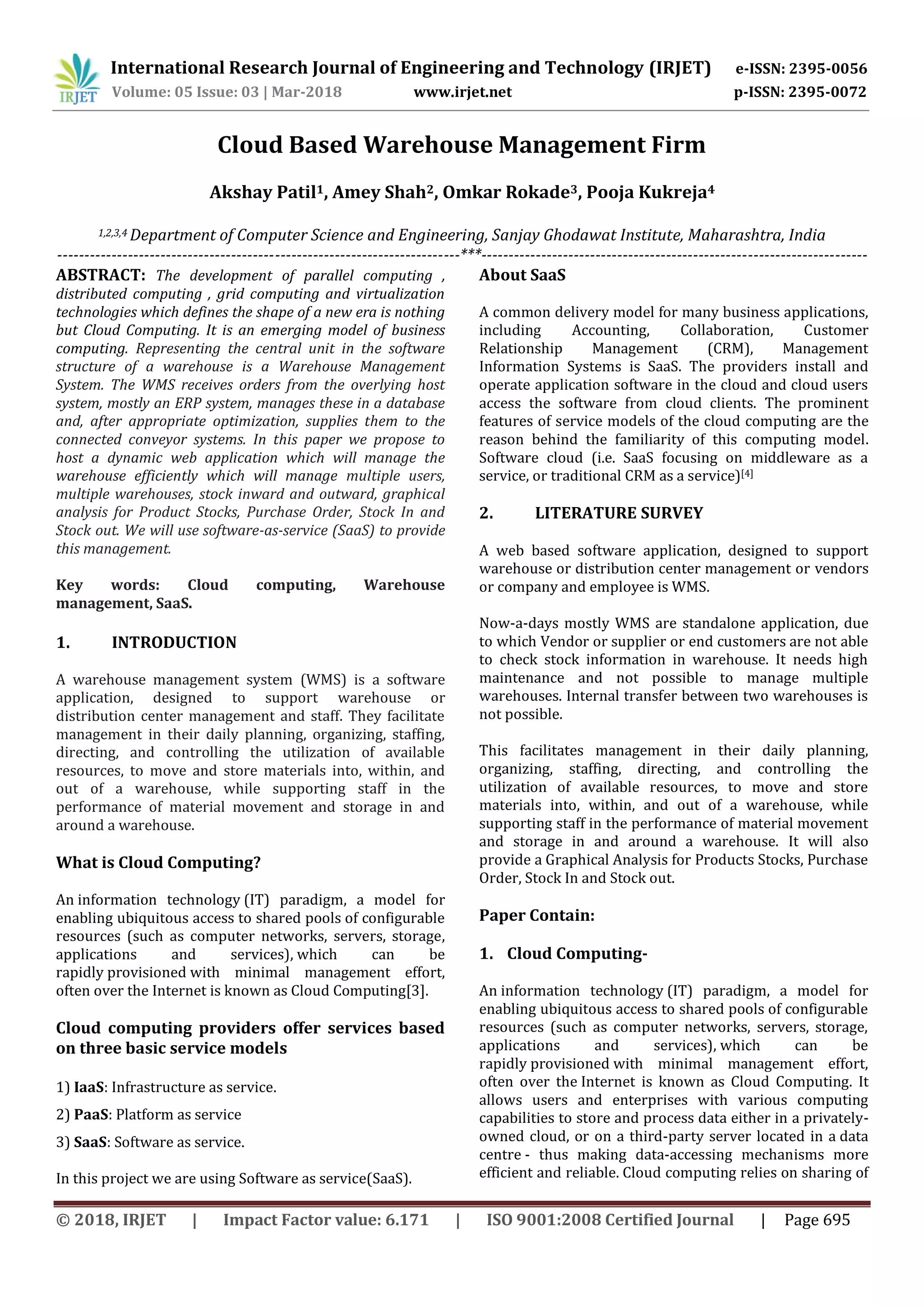 IRJET- Cloud Based Warehouse Management Firm | PDF