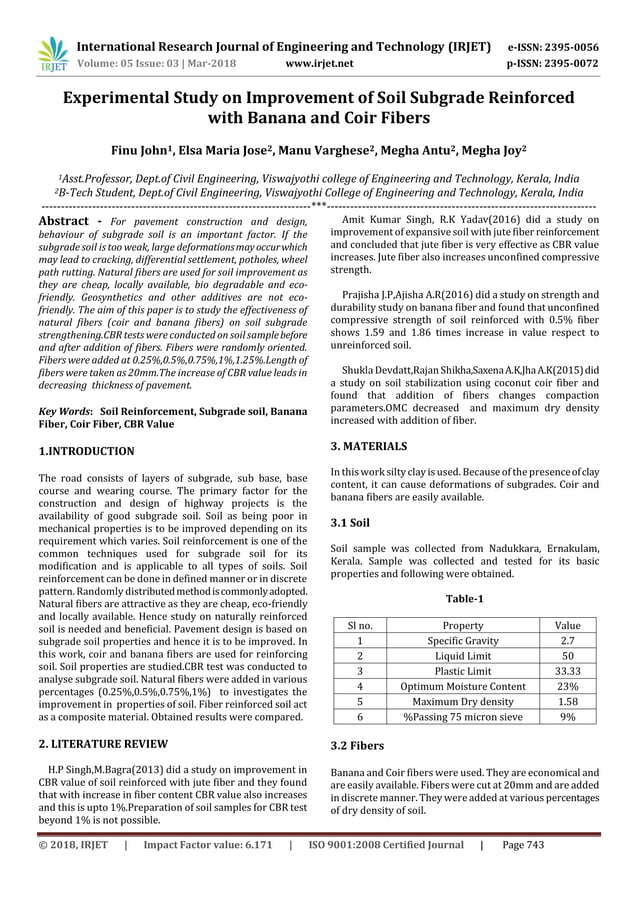 IRJET- Experimental Study on Improvement of Soil Subgrade Reinforced with Banana and Coir Fibers ...