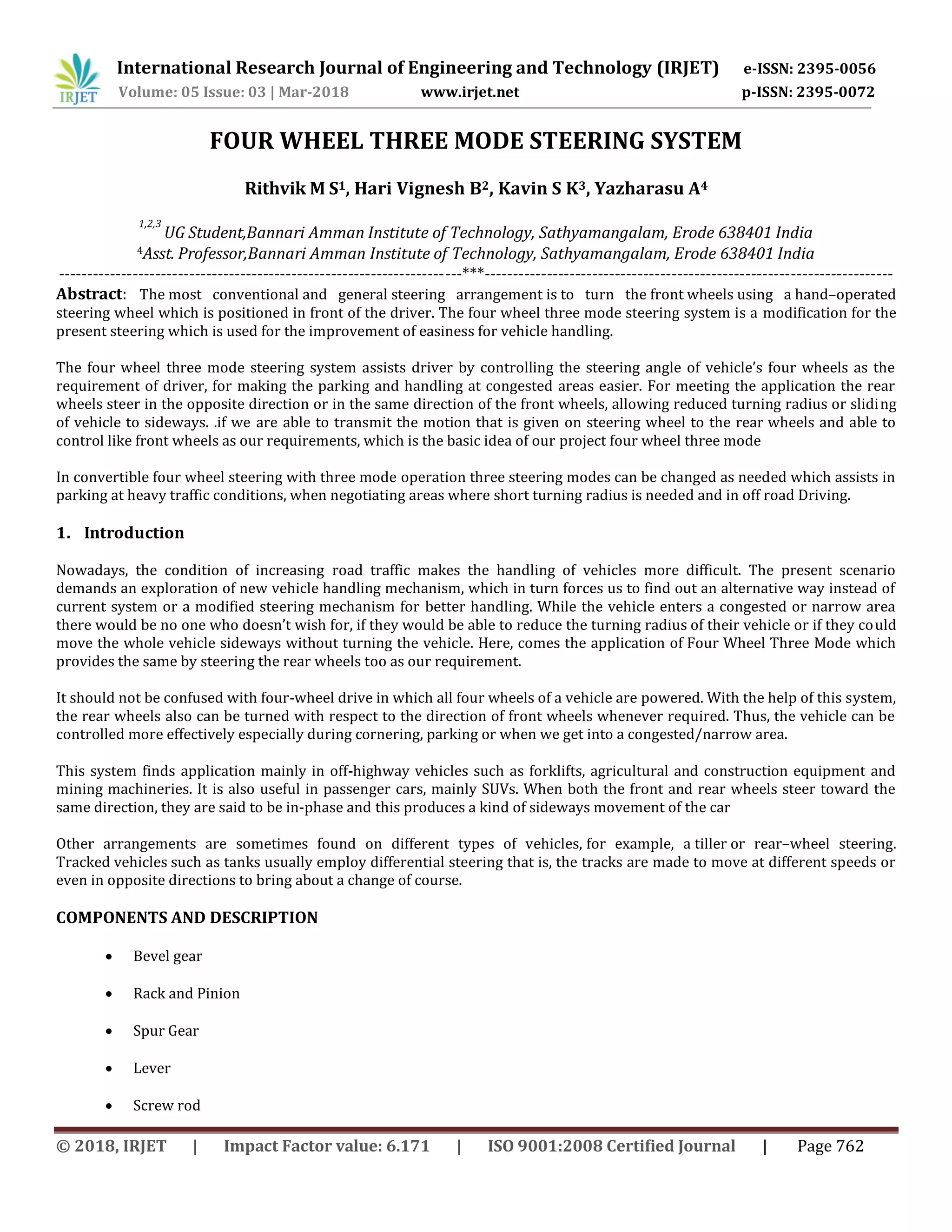 IRJET- Four Wheel Three Mode Steering System | PDF
