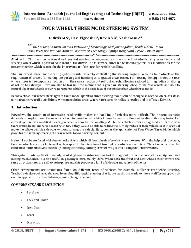 IRJET- Four Wheel Three Mode Steering System | PDF