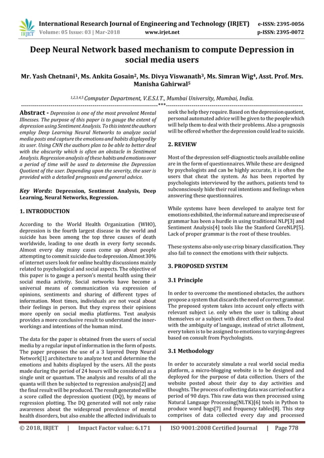 IRJET- Deep Neural Network based Mechanism to Compute Depression in Social Media Users | PDF ...