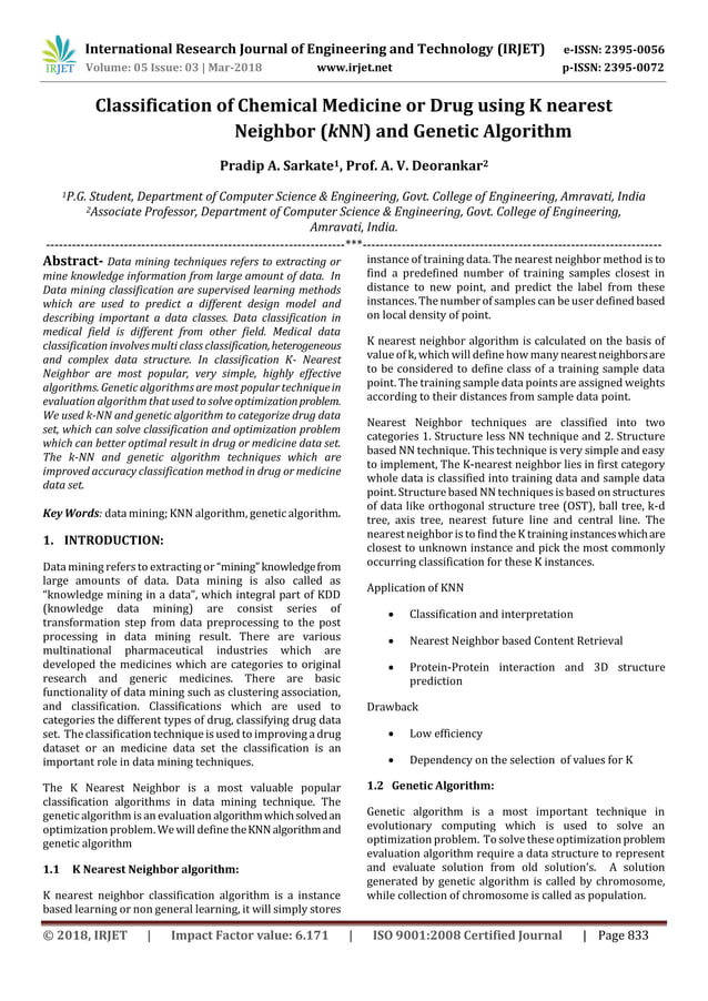 IRJET- Classification of Chemical Medicine or Drug using K Nearest Neighbor (KNN) and Genetic ...