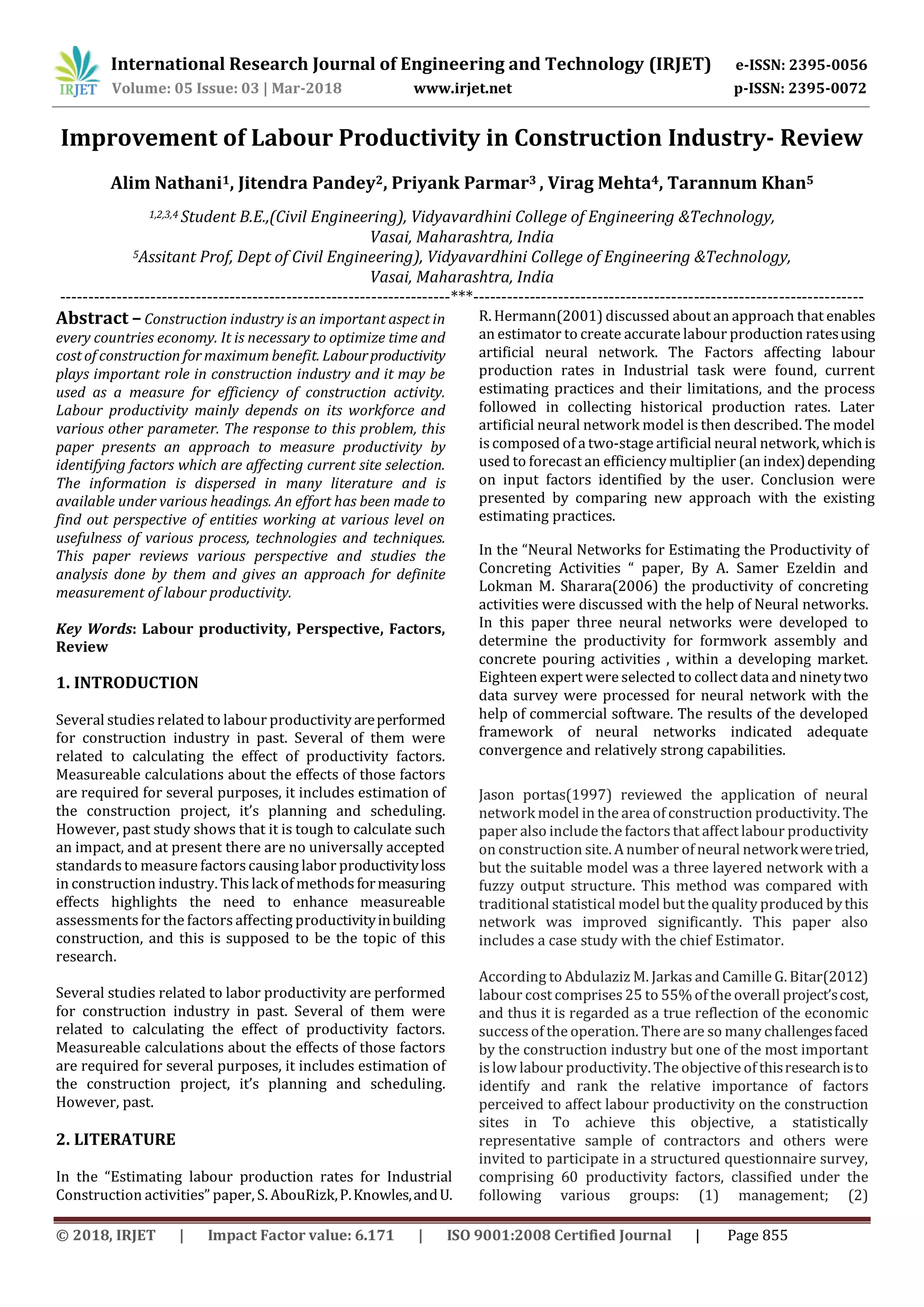 IRJET- Improvement of Labour Productivity in Construction Industry- Review | PDF