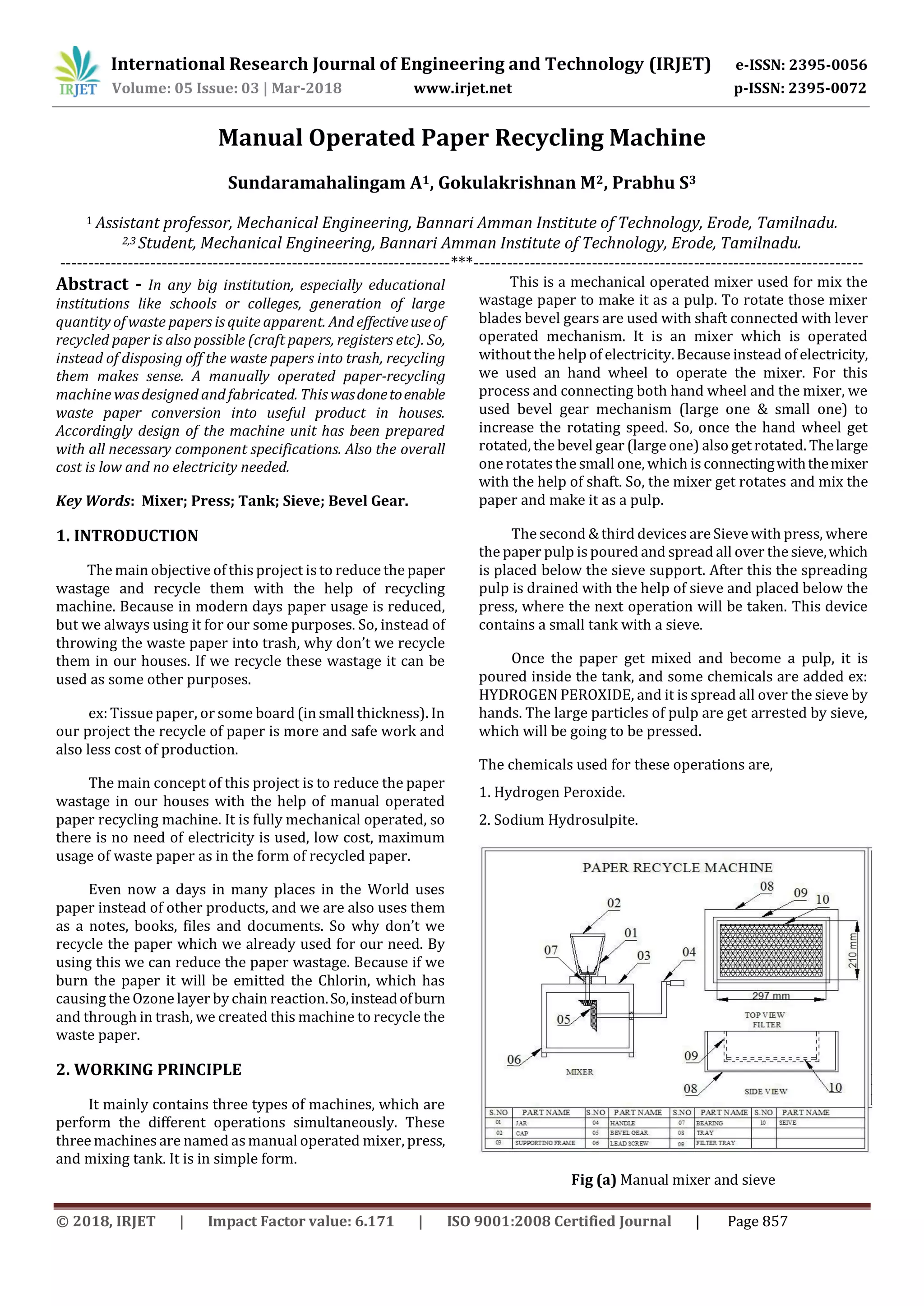 IRJET- Manual Operated Paper Recycling Machine | PDF