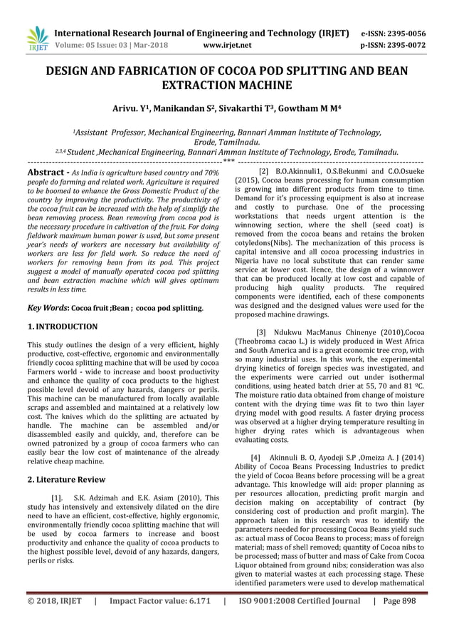 IRJET- Design and Fabrication of Cocoa Pod Splitting and Bean Extraction Machine | PDF