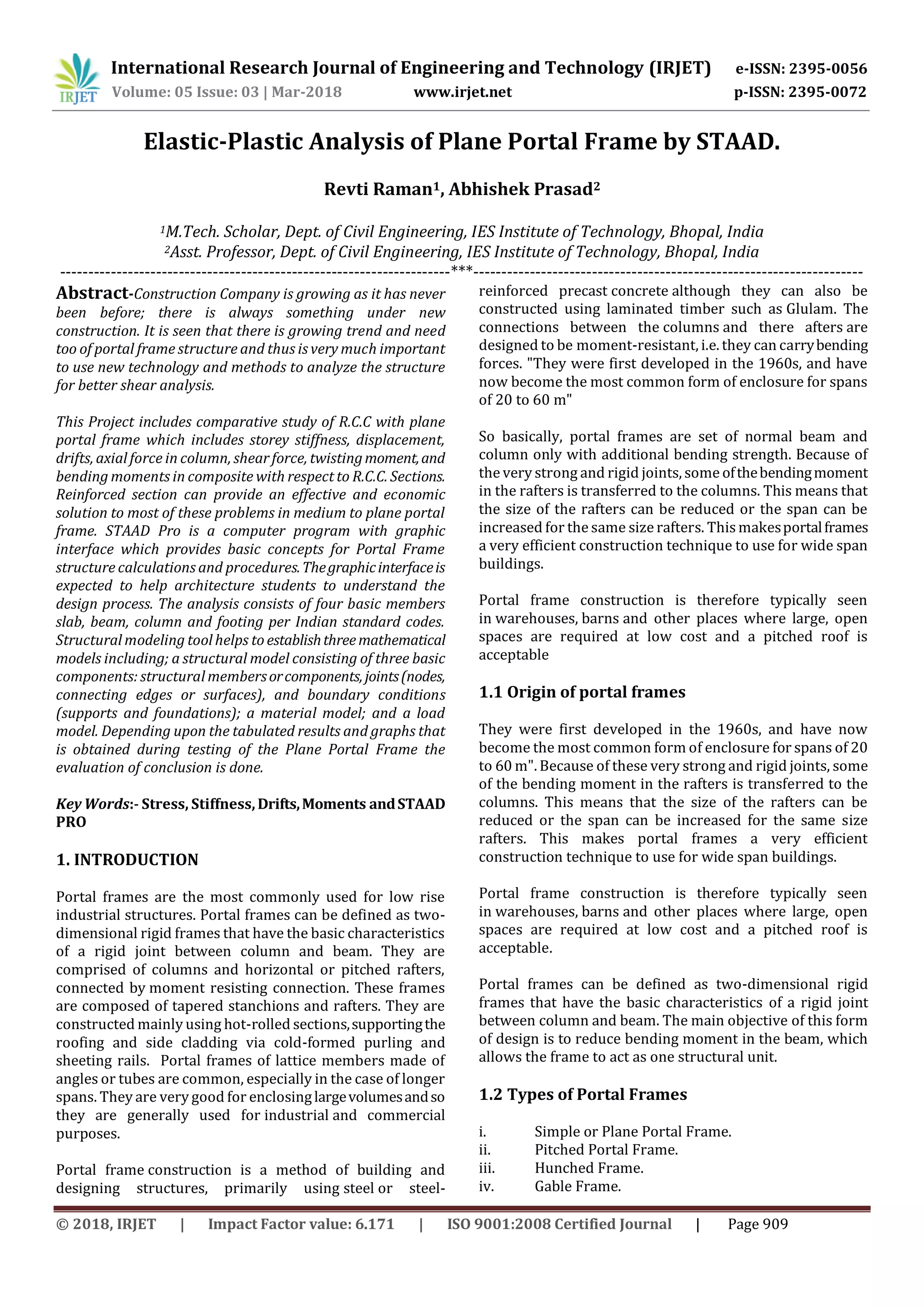 IRJET- Elastic-Plastic Analysis of Plane Portal Frame by STAAD | PDF