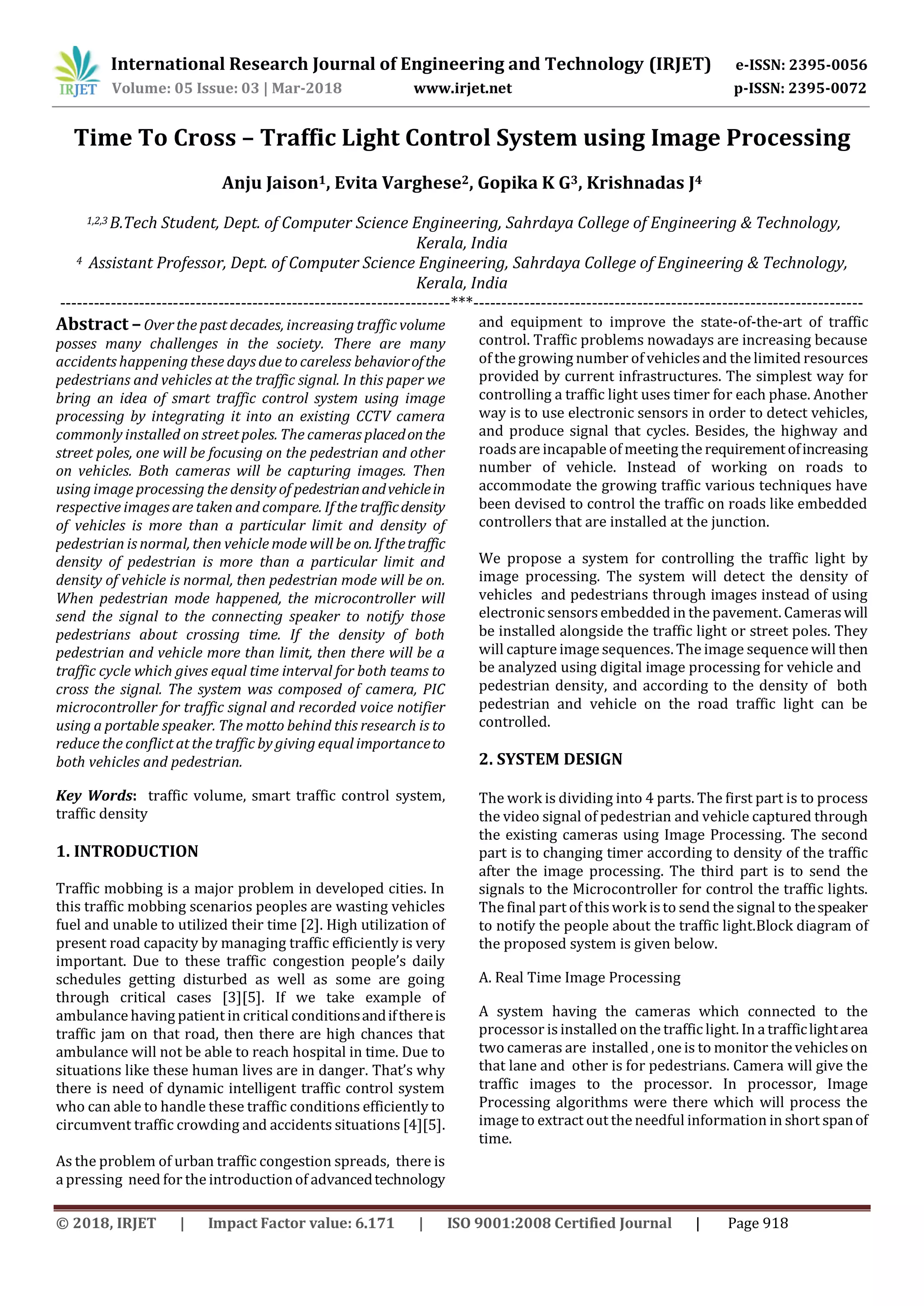 IRJET- Time To Cross – Traffic Light Control System using Image Processing | PDF