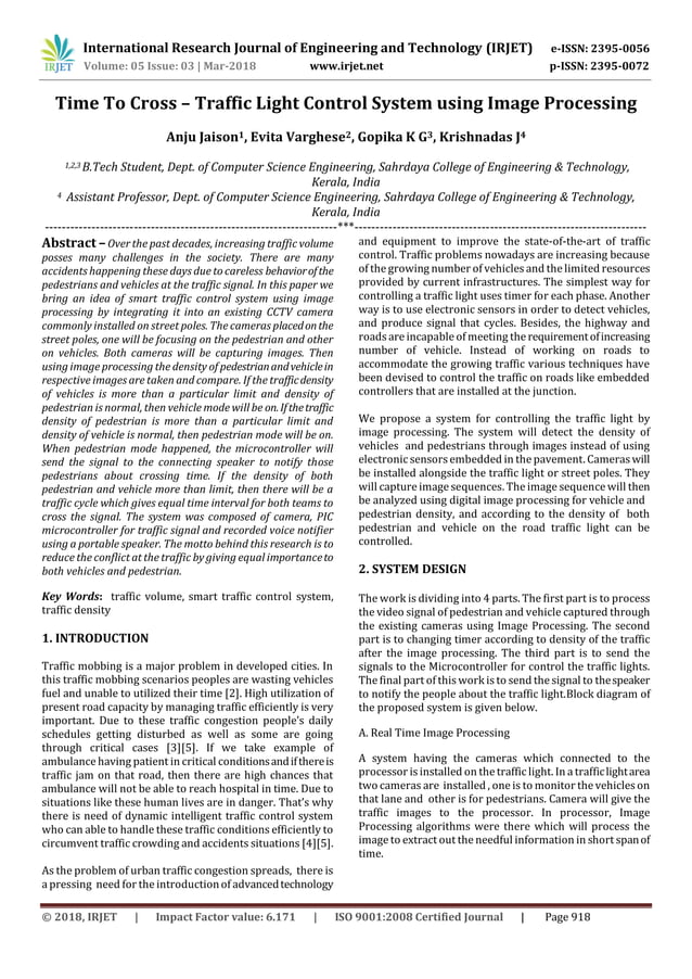 IRJET- Time To Cross – Traffic Light Control System using Image Processing | PDF