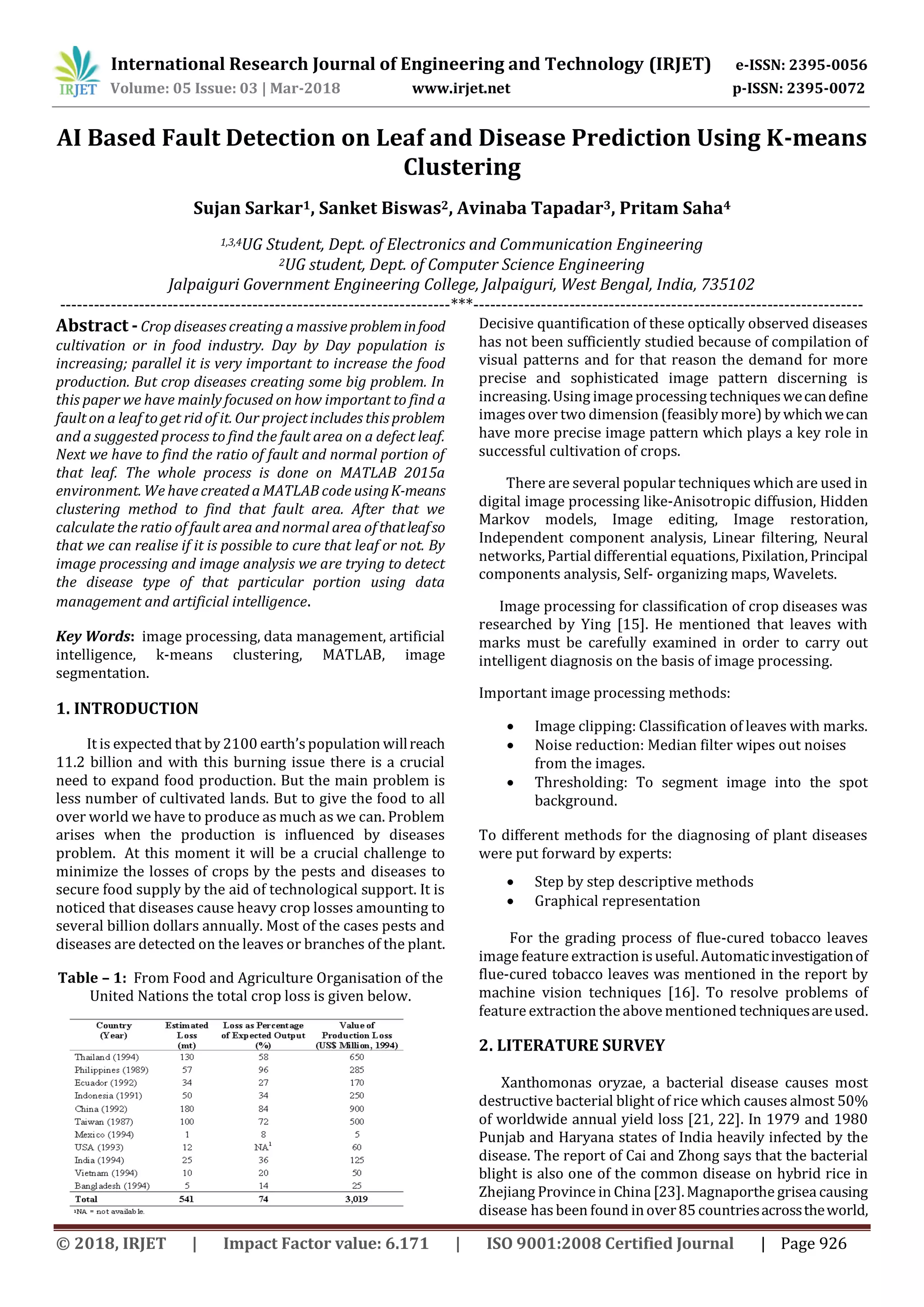IRJET- AI Based Fault Detection on Leaf and Disease Prediction using K-means Clustering | PDF