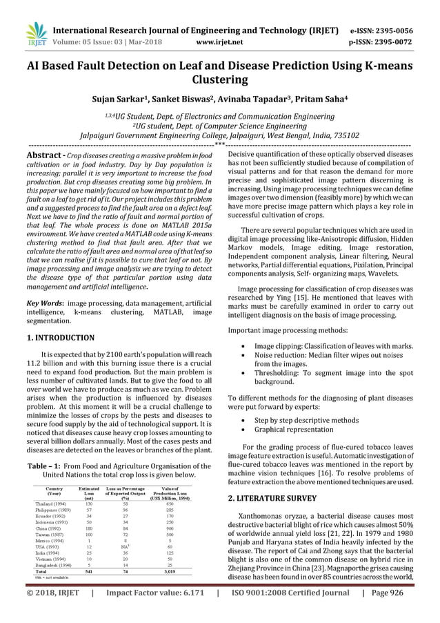IRJET- AI Based Fault Detection on Leaf and Disease Prediction using K-means Clustering | PDF