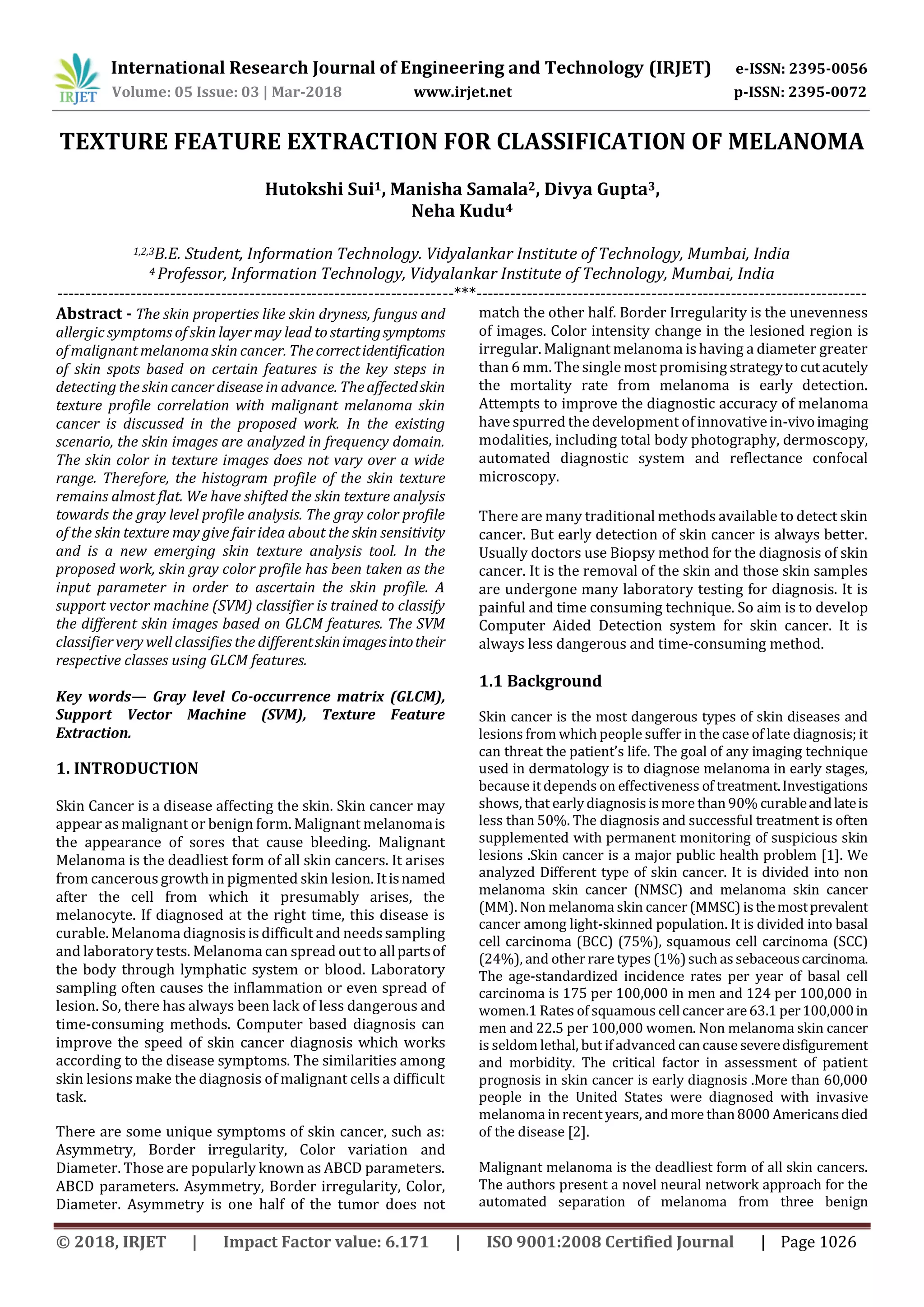 Irjet Texture Feature Extraction For Classification Of Melanoma Pdf
