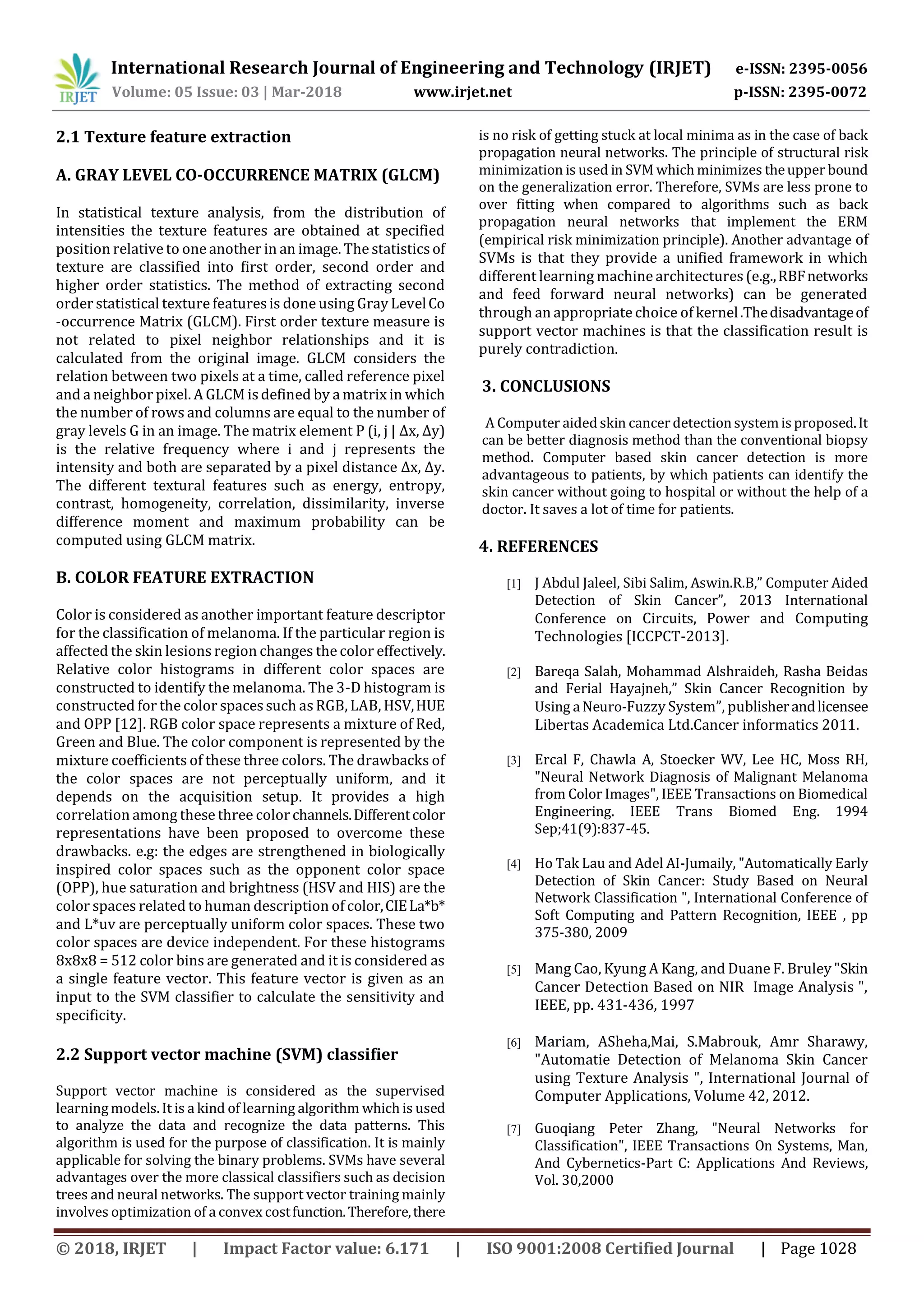 Irjet Texture Feature Extraction For Classification Of Melanoma Pdf