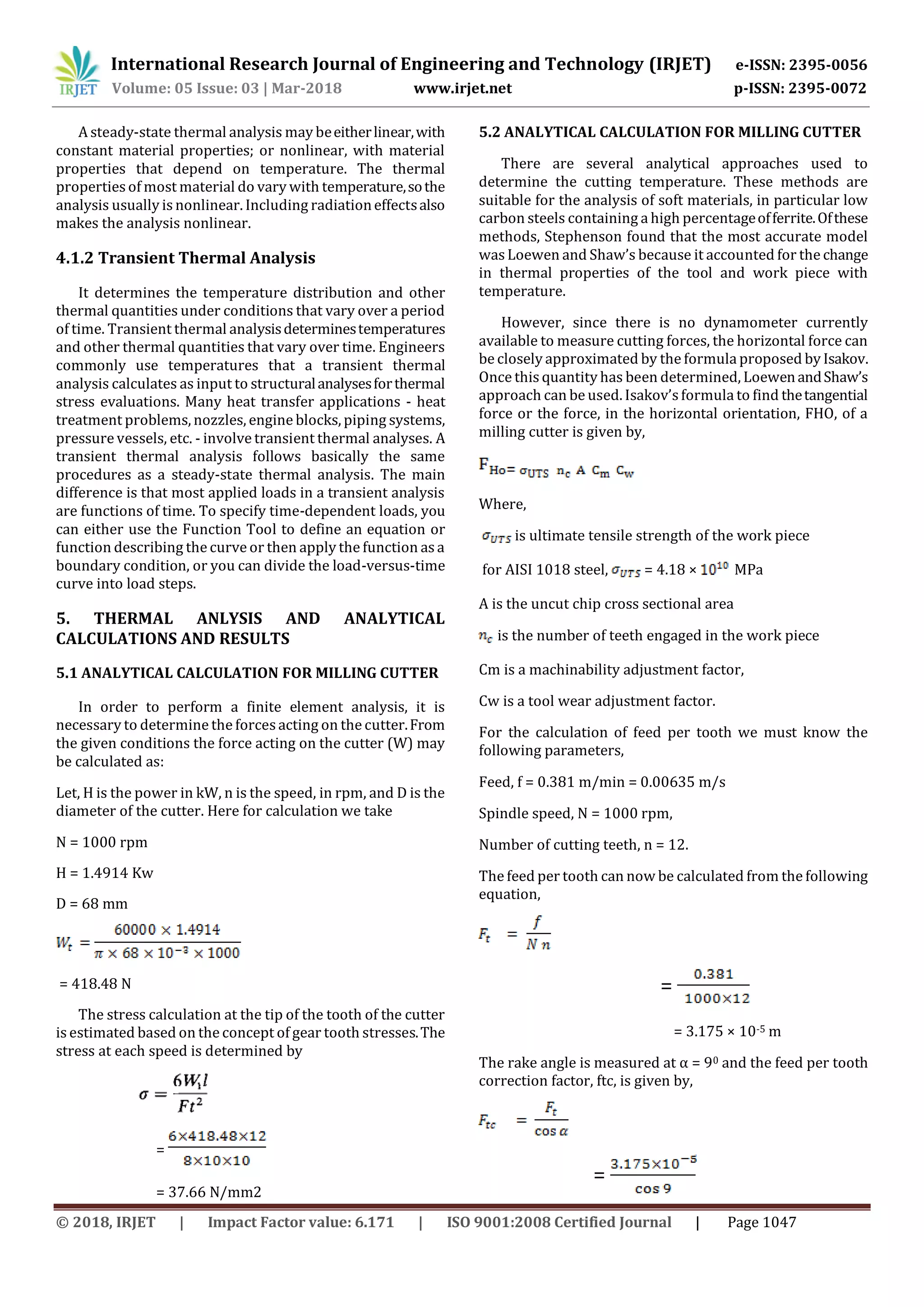 Irjet Thermal Analysis Of Milling Cutter Using Finite Element Analysis