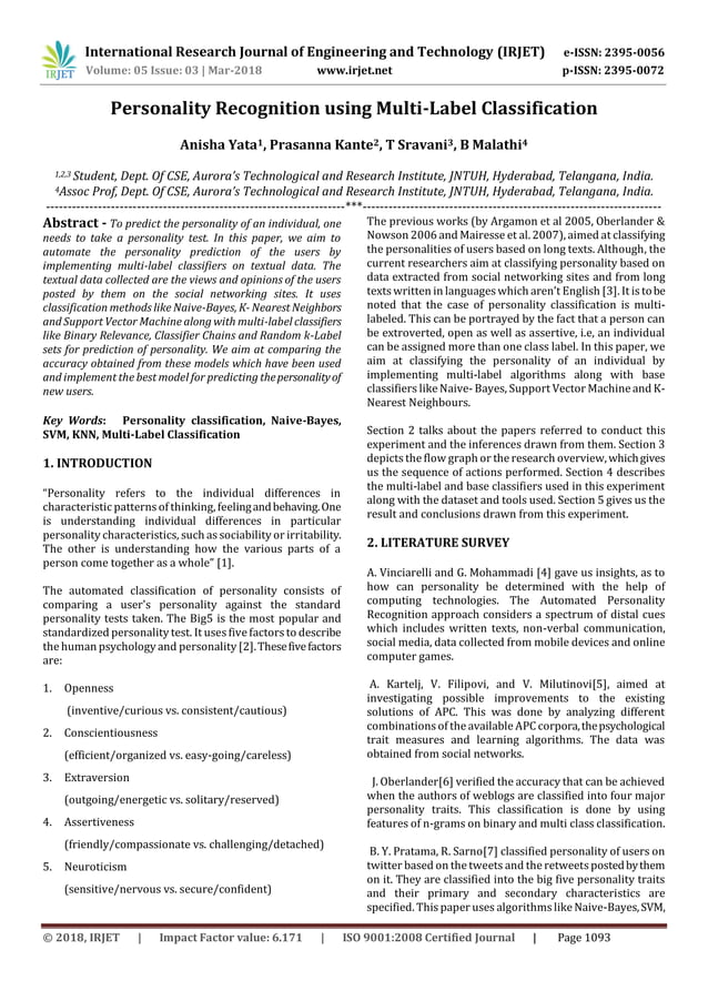 IRJET- Personality Recognition using Multi-Label Classification | PDF