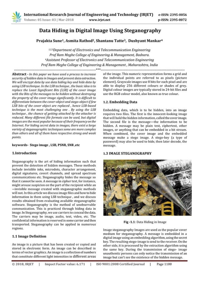 IRJET- Data Hiding in Digital Image using Steganography | PDF