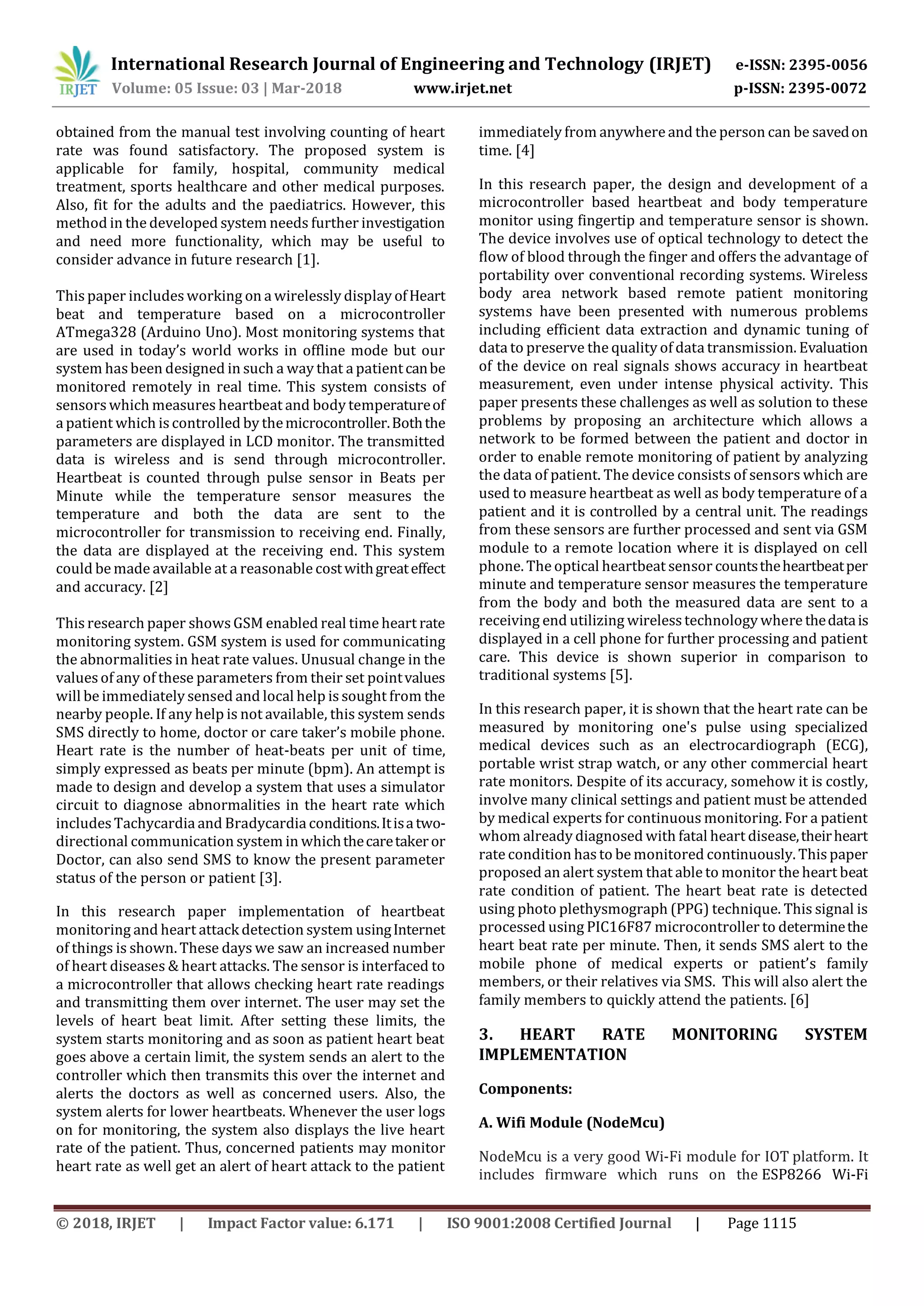 IRJET- Heart Rate Monitoring System using Finger Tip through IOT | PDF