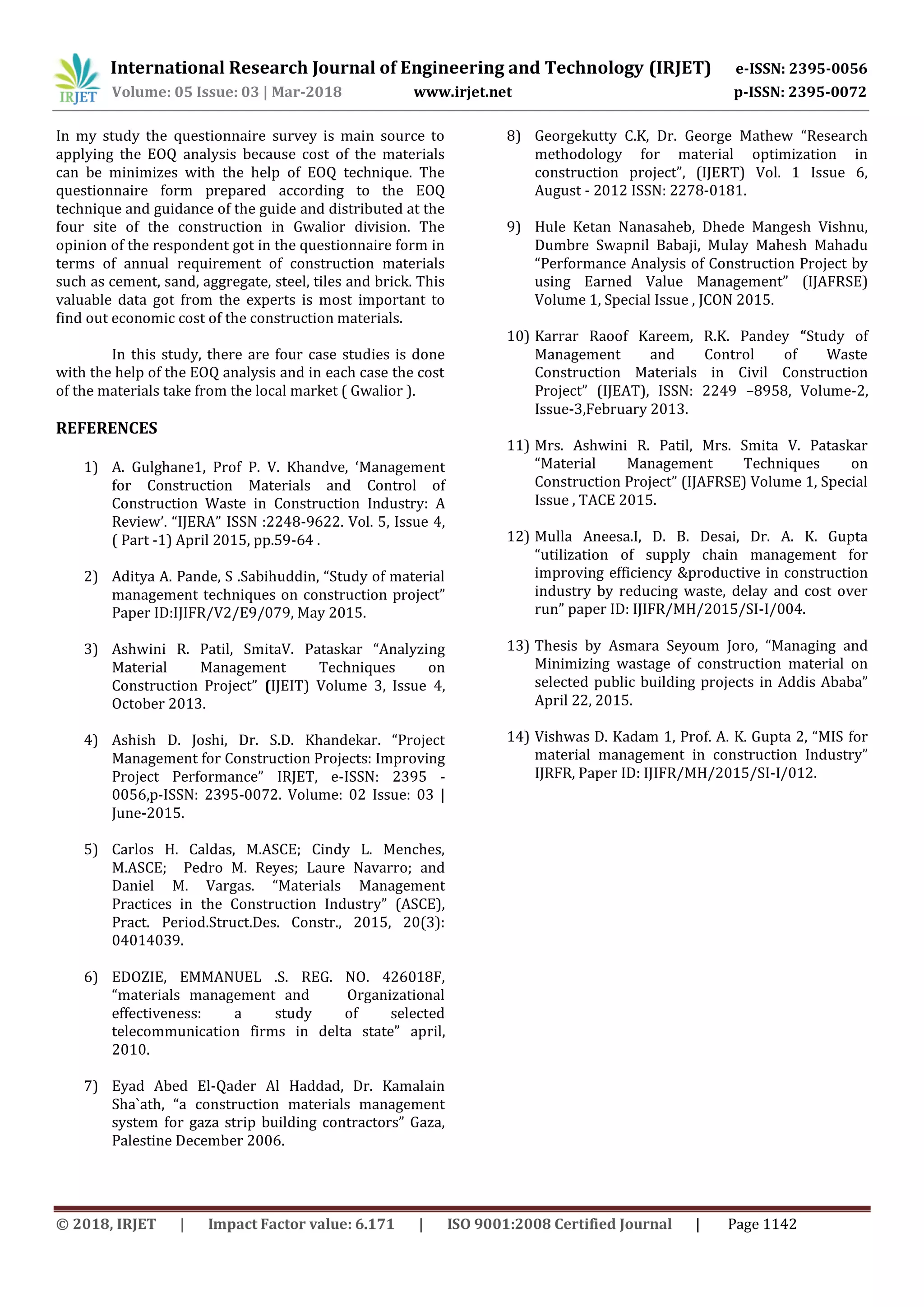 IRJET- Efficient Techniques of Construction Material Management in Construction Projects | PDF