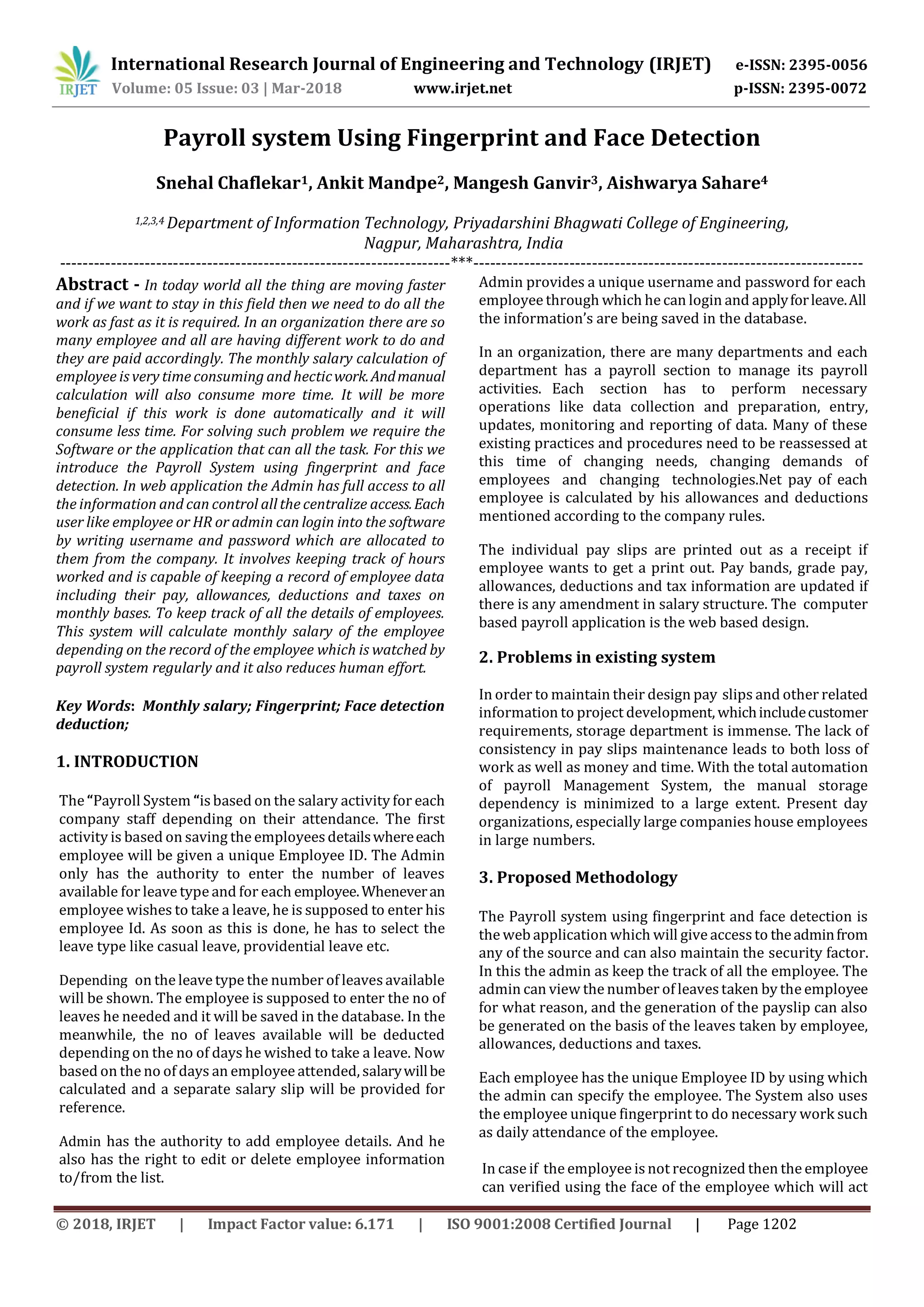 IRJET- Payroll system using Fingerprint and Face Detection | PDF