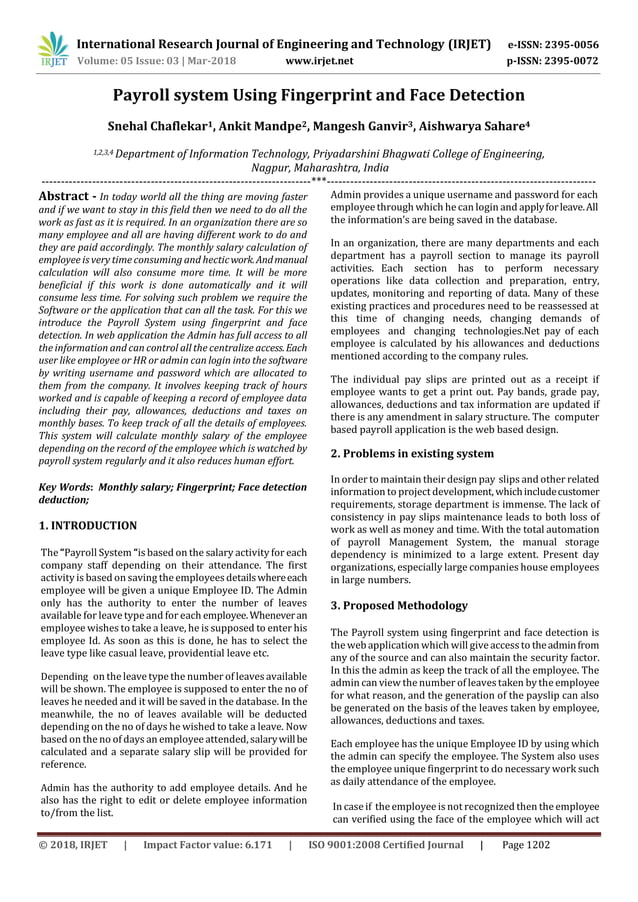 IRJET- Payroll system using Fingerprint and Face Detection | PDF