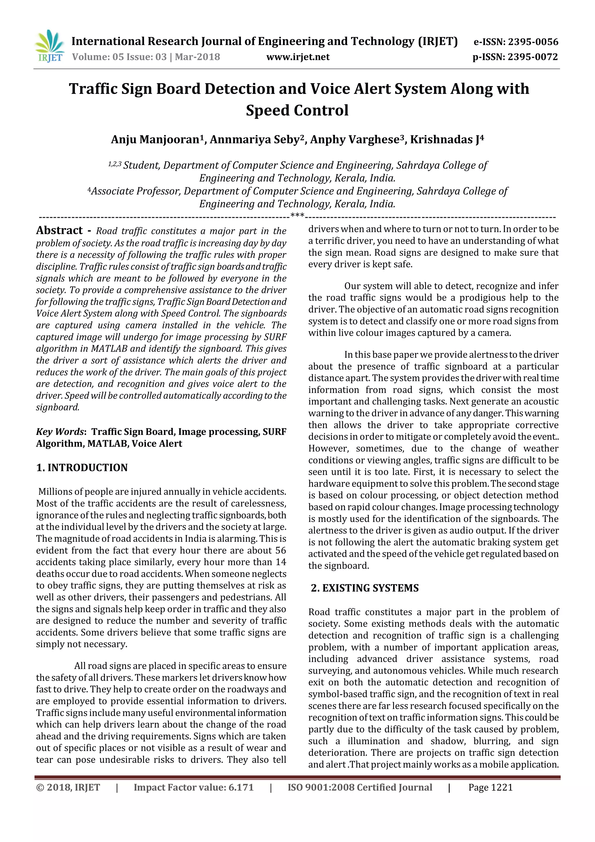 IRJET- Traffic Sign Board Detection and Voice Alert System Along with Speed Control | PDF