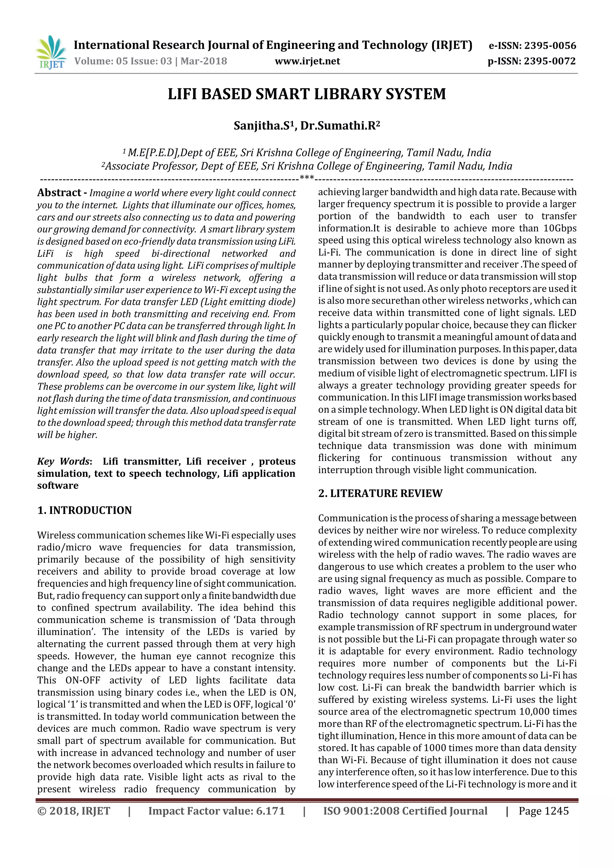 IRJET- LIFI Based Smart Library System | PDF | Computer Networking ...
