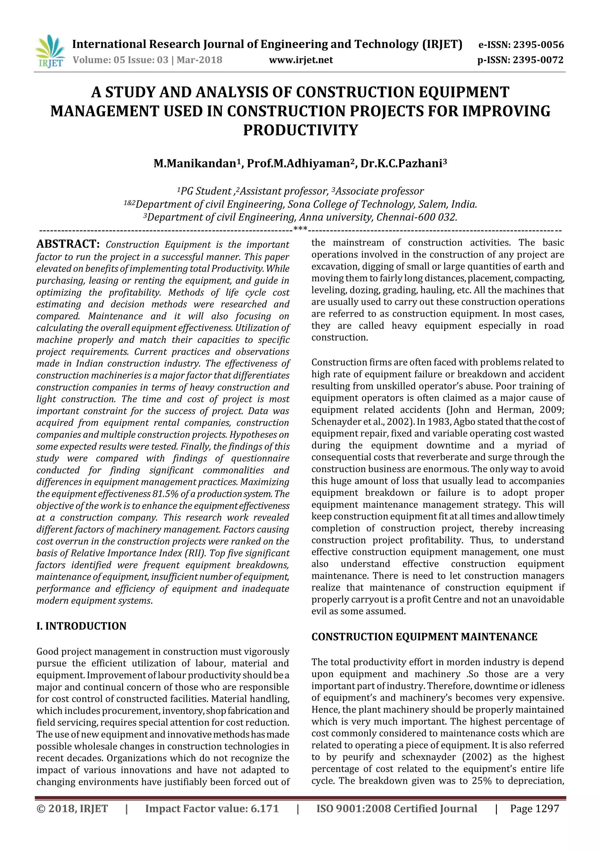 IRJET- A Study and Analysis of Construction Equipment Management used in Construction Projects ...