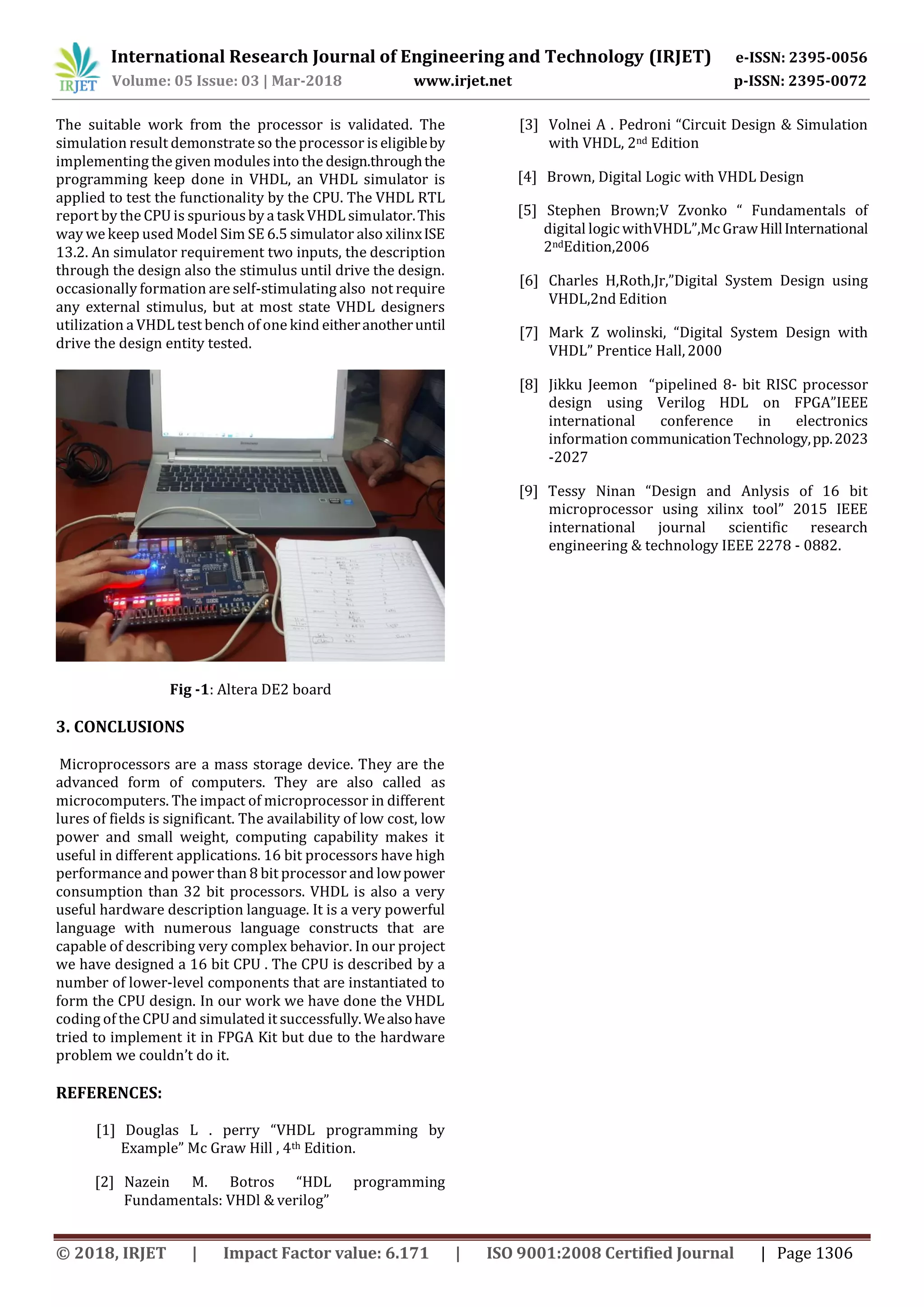 Irjet To Design 16 Bit Synchronous Microprocessor Using Vhdl On Fpga Pdf 9675
