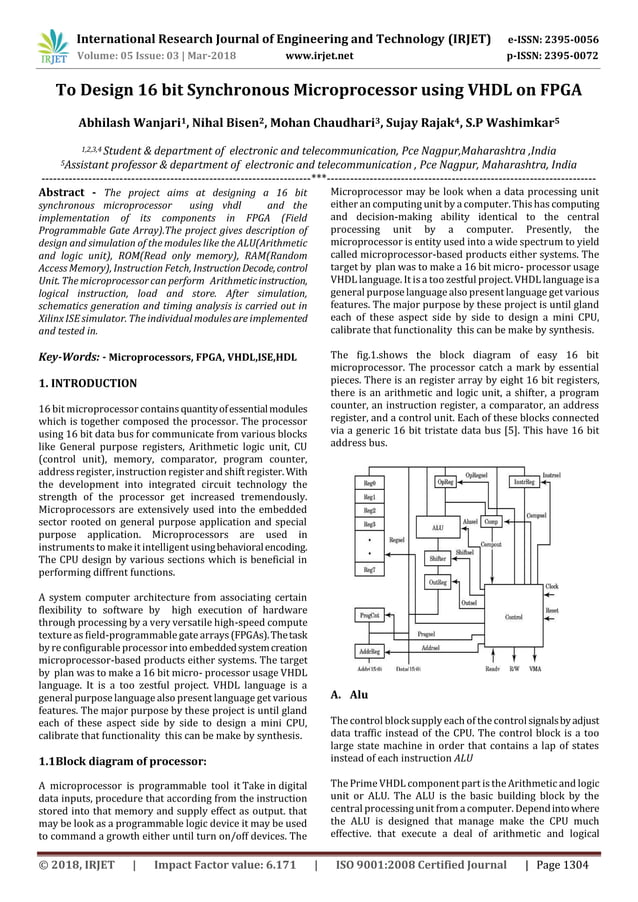 IRJET- To Design 16 bit Synchronous Microprocessor using VHDL on FPGA | PDF